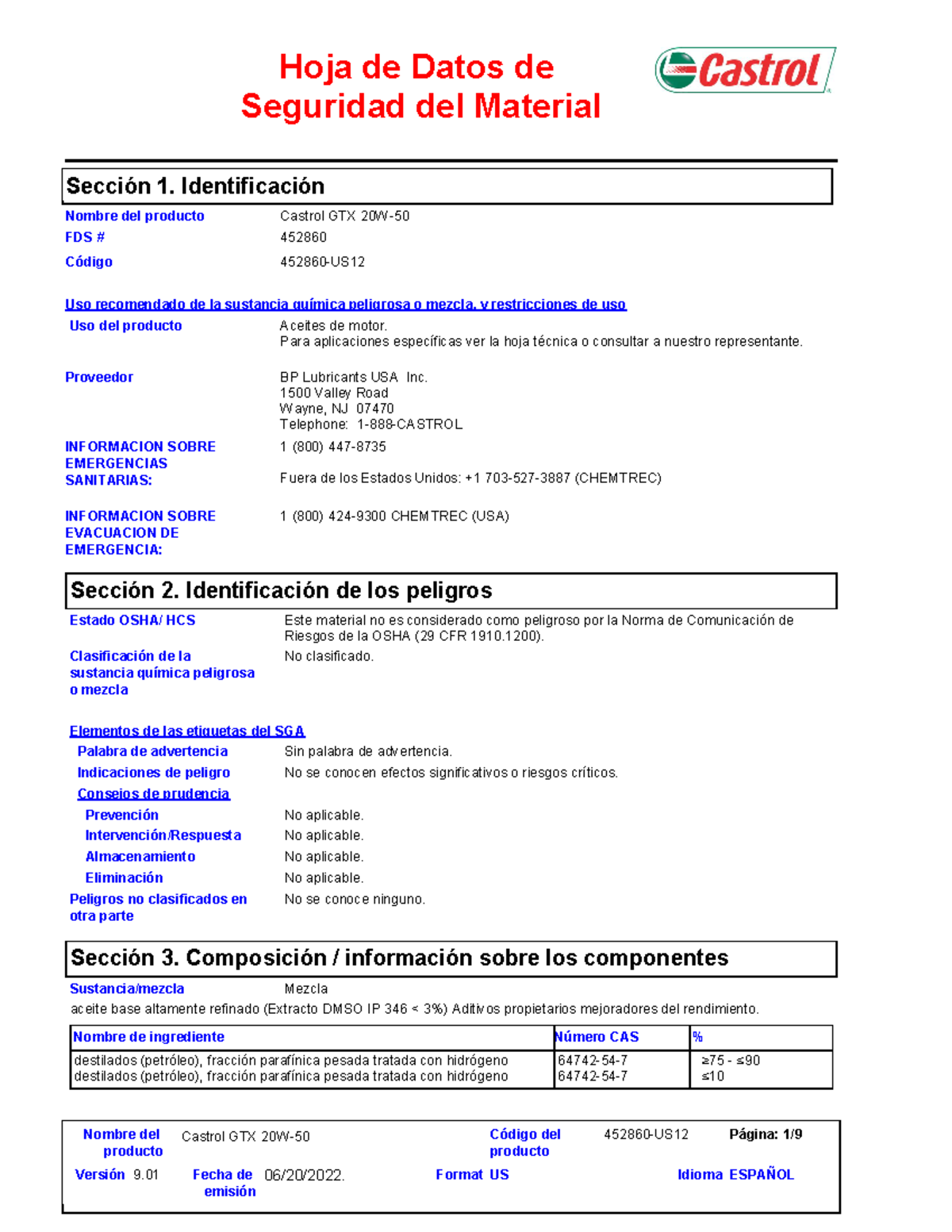 MSDS-HS.Ly C.12 - 20W-50 - Castrol GTX 20W- Hoja de Datos de Seguridad ...