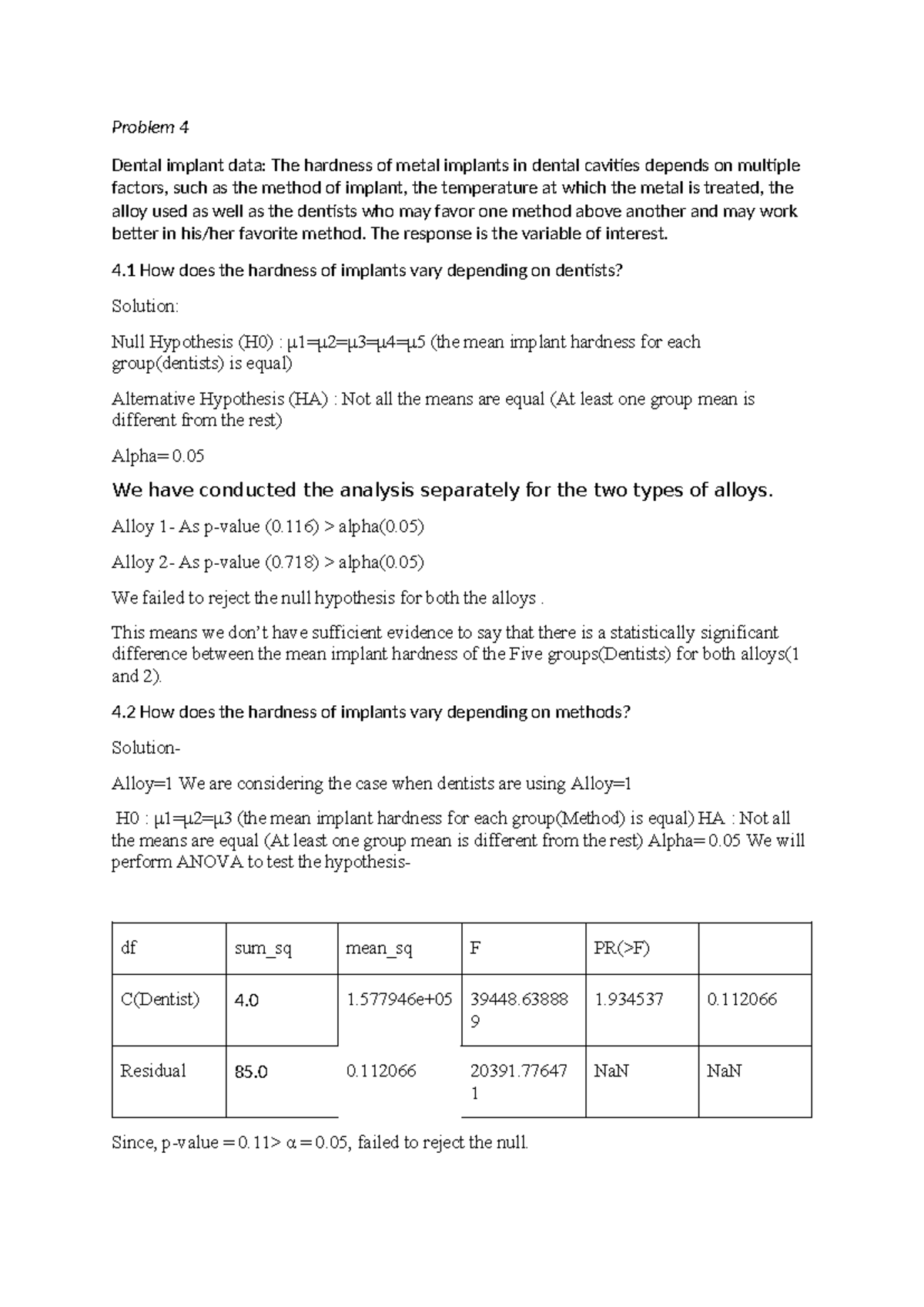 Anova EDA PCA Project Report - Problem 4 Dental implant data: The ...