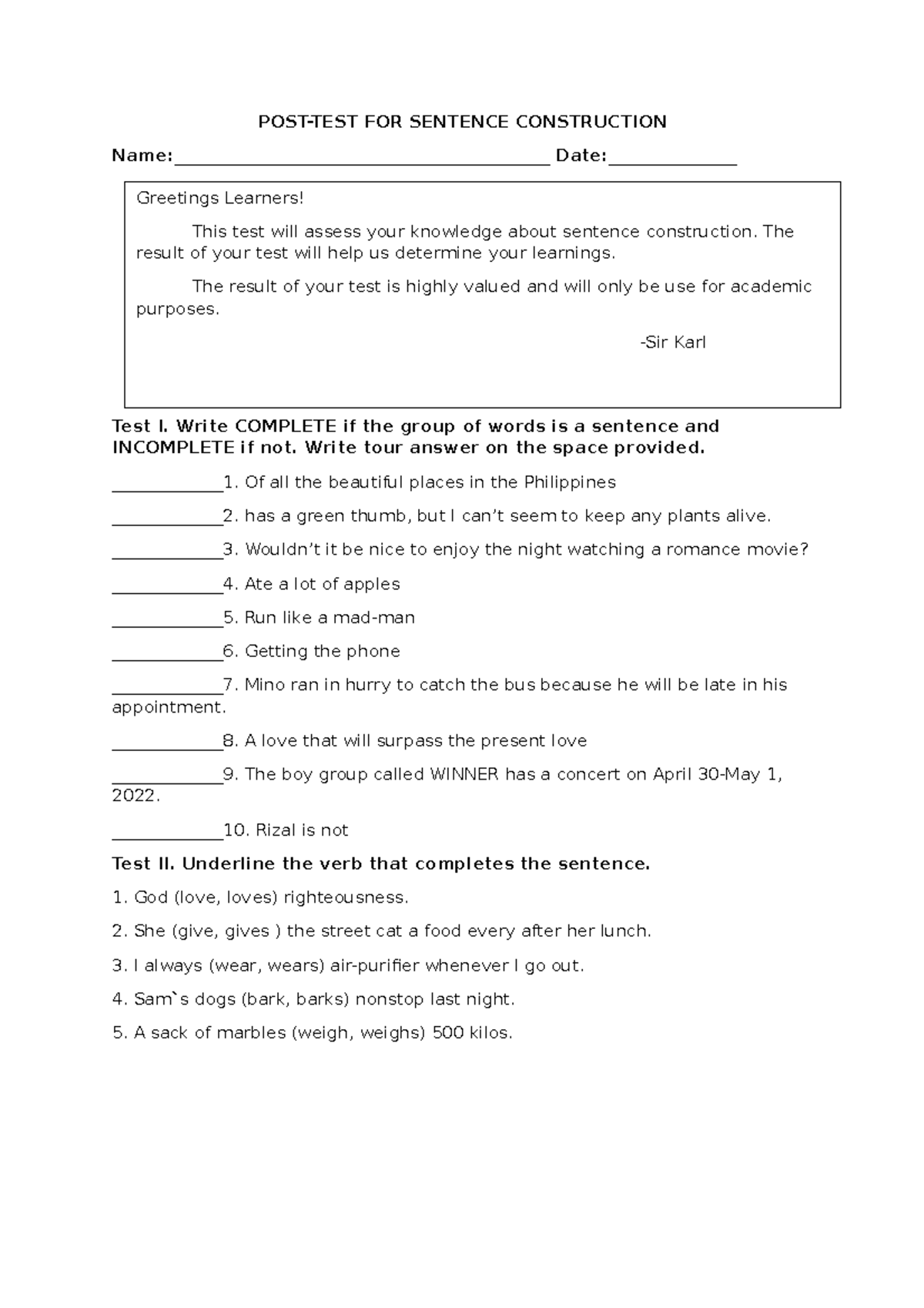 POST-TEST - This test will improve your sentence construction and basic ...