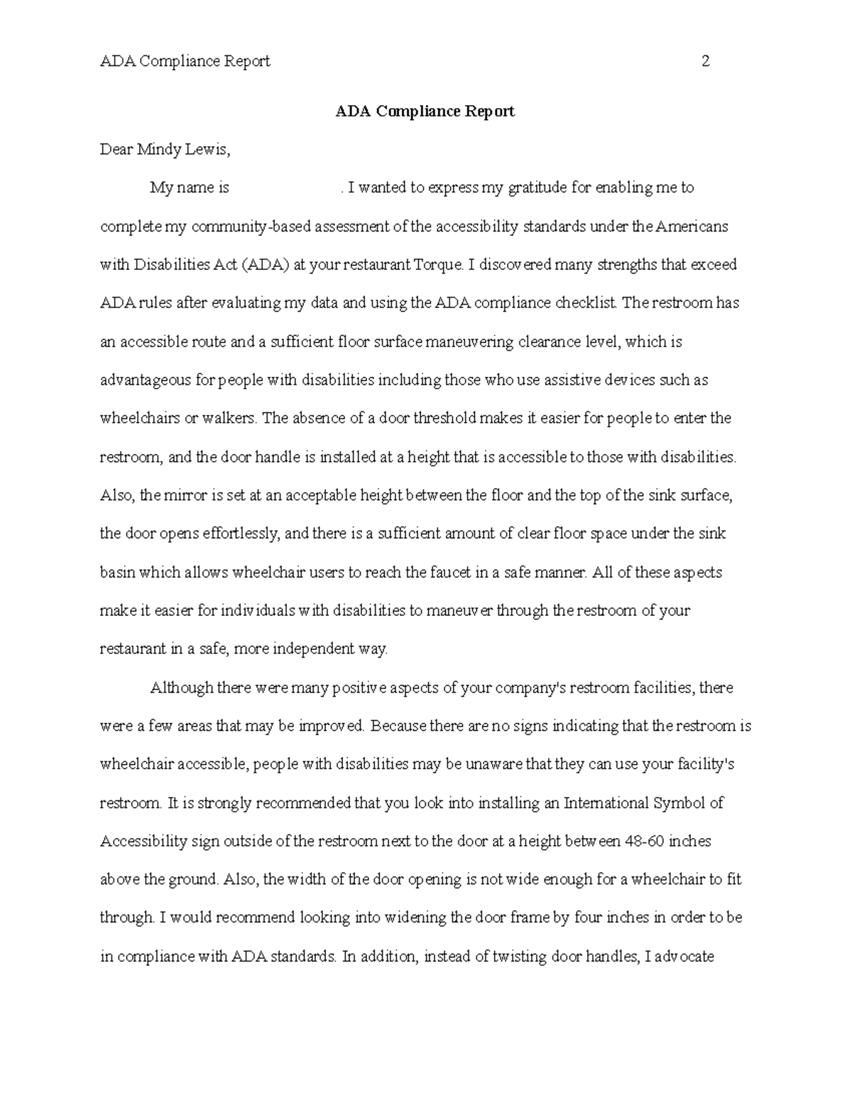 OCC 513: ADA Compliance Report - ADA Compliance Report 1 ADA Compliance ...