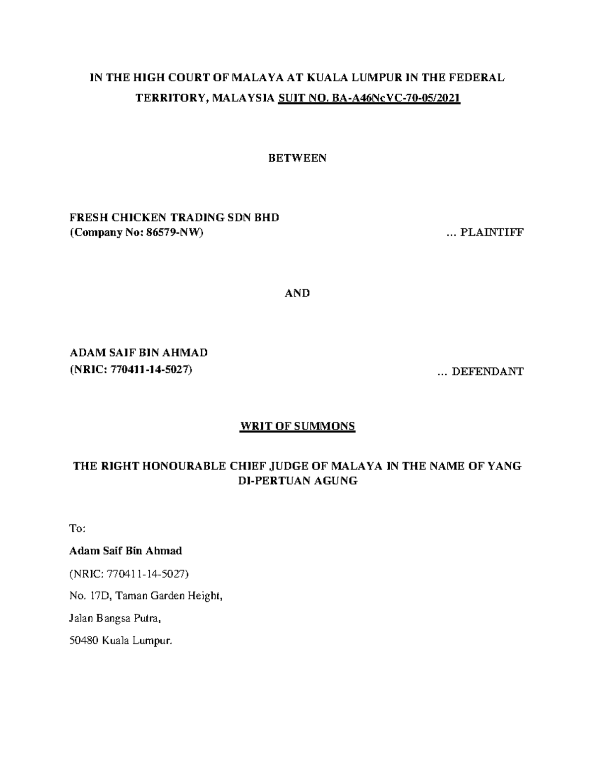 AA Hafsya WRIT OF Summons - Civil Procedure - USIM - Studocu