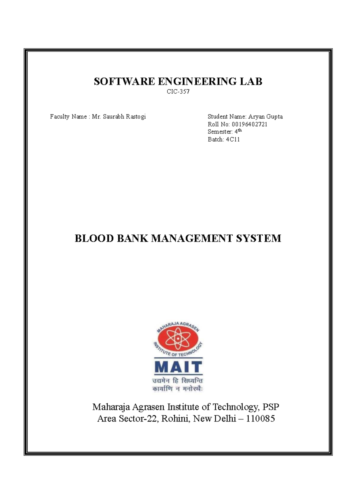 Front - wada - SOFTWARE ENGINEERING LAB CIC- 357 Faculty Name : Mr ...