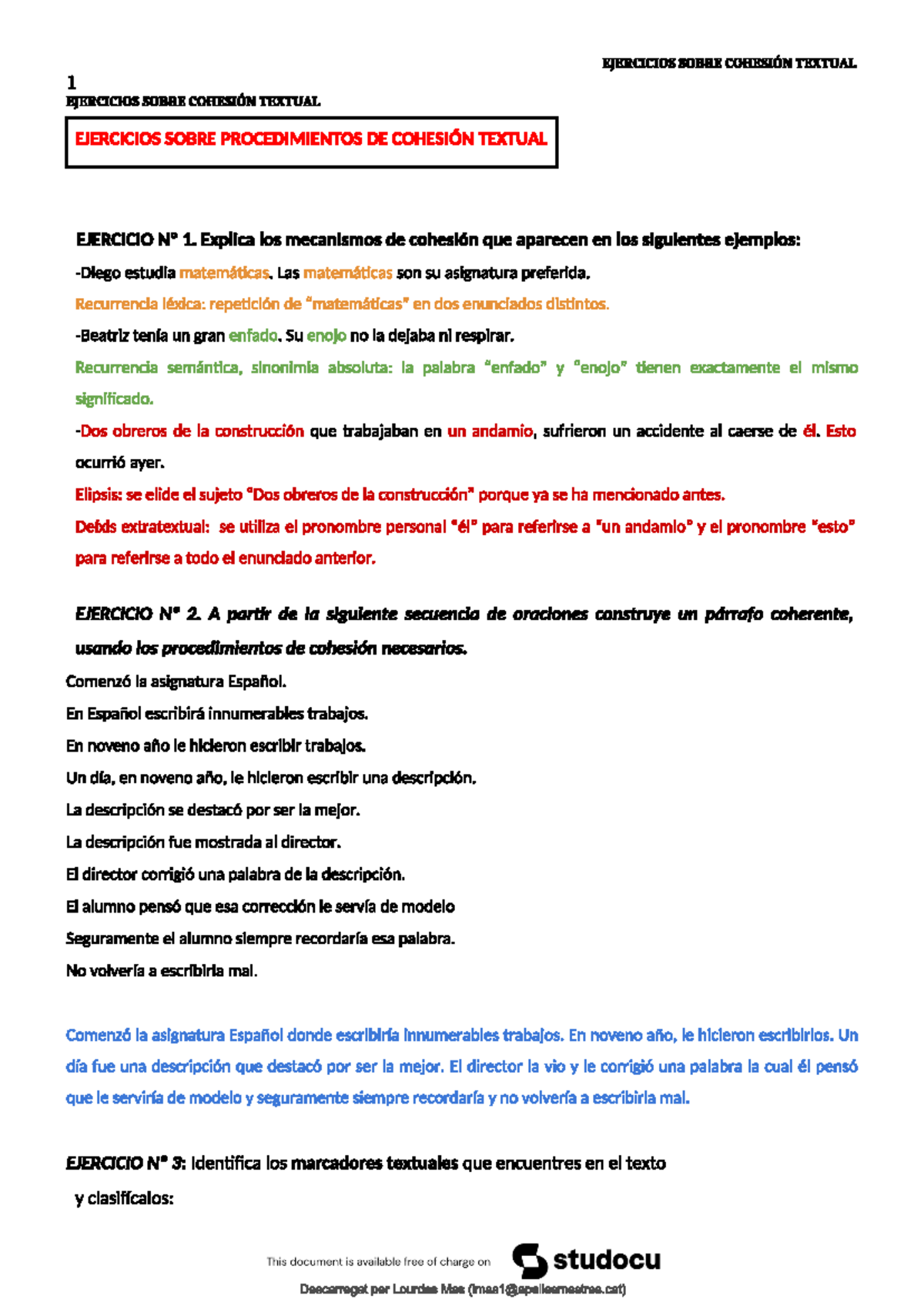 Ejercicios resueltos de cohesión textual - EJERCICIOS SOBRE COHESIÓN ...