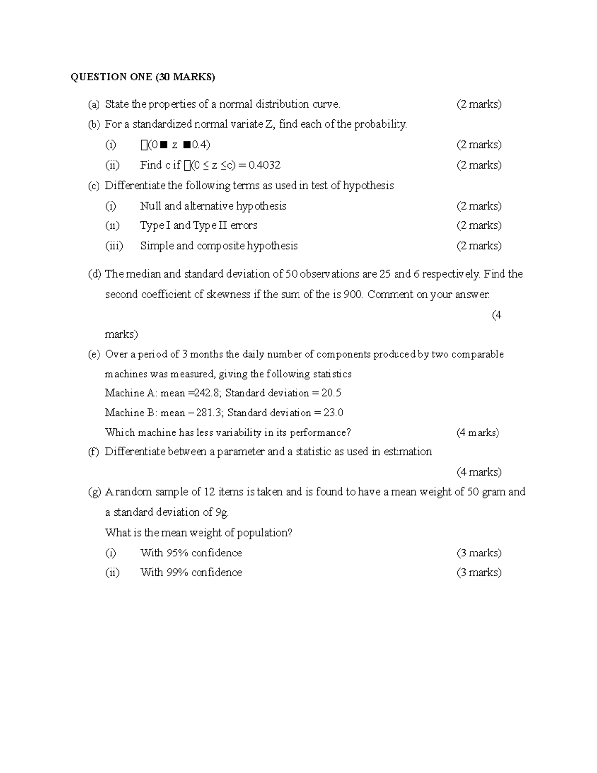 Biostatistics - Materials for revision. - QUESTION ONE (30 MARKS) (a ...