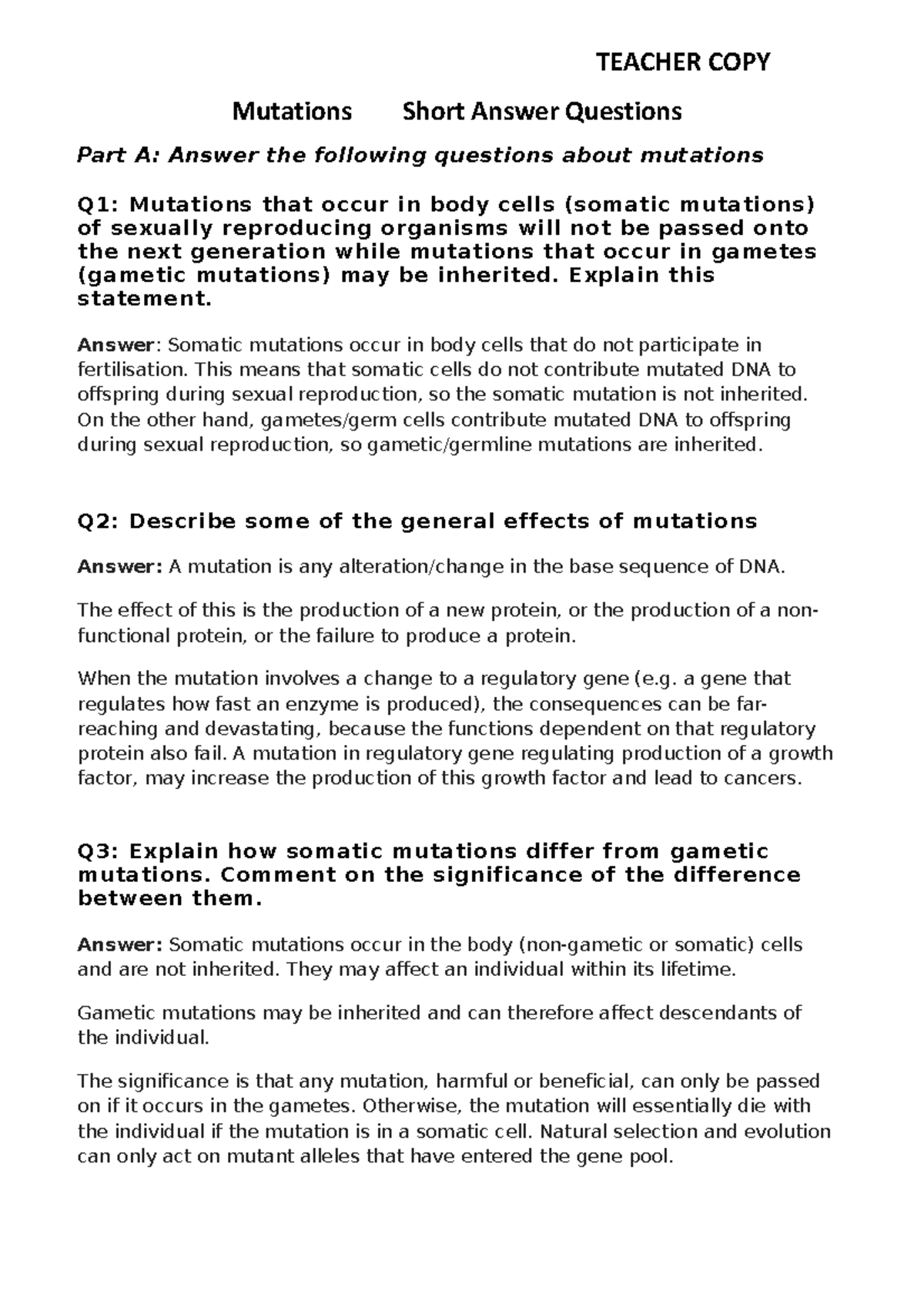 Year 12 Mutations Short Answer Questions with answers akemp 2023 ...