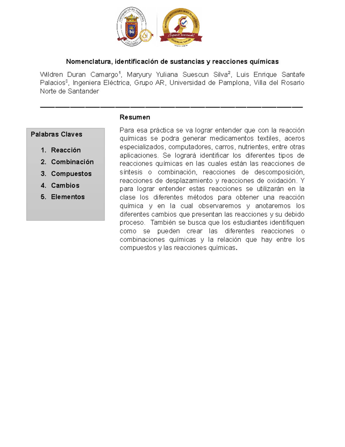 Informe practica 7 nomenclatura - Nomenclatura, identificación de sustancias y reacciones ...