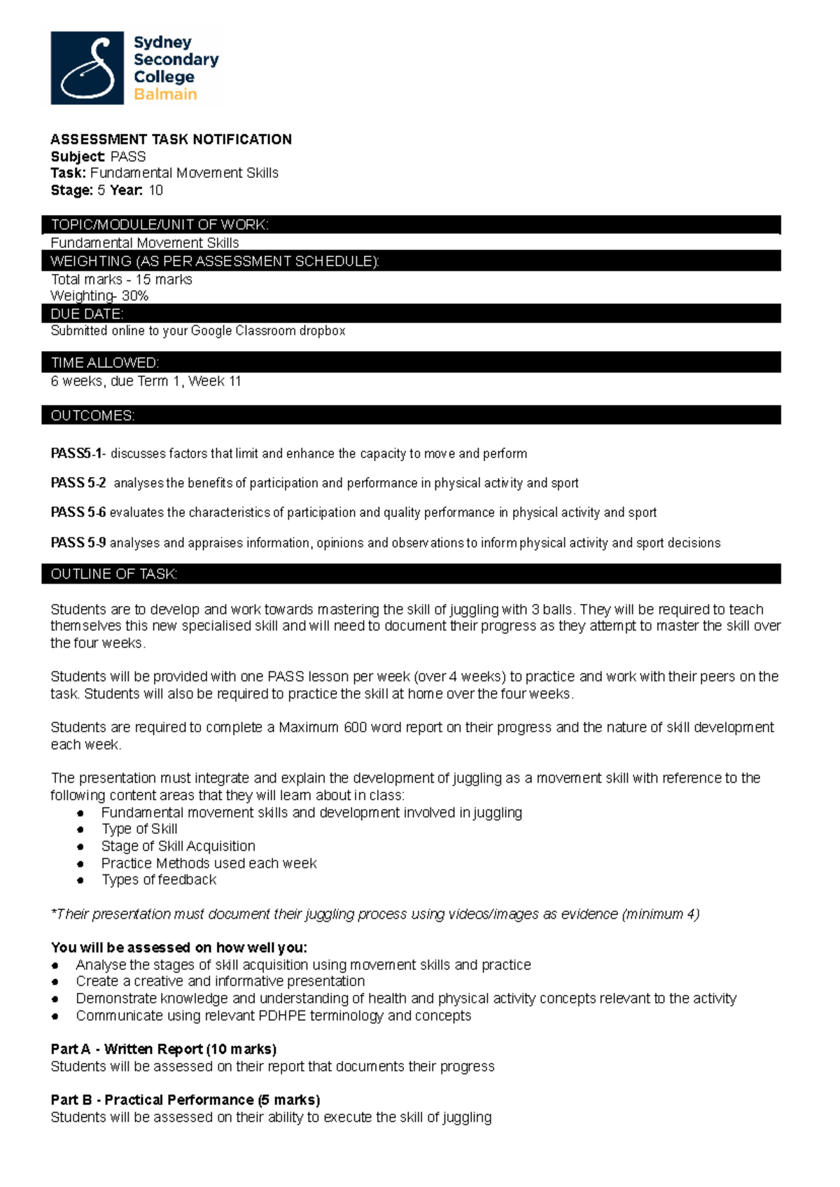 Year 10 PASS Assessment Task - ASSESSMENT TASK NOTIFICATION Subject ...