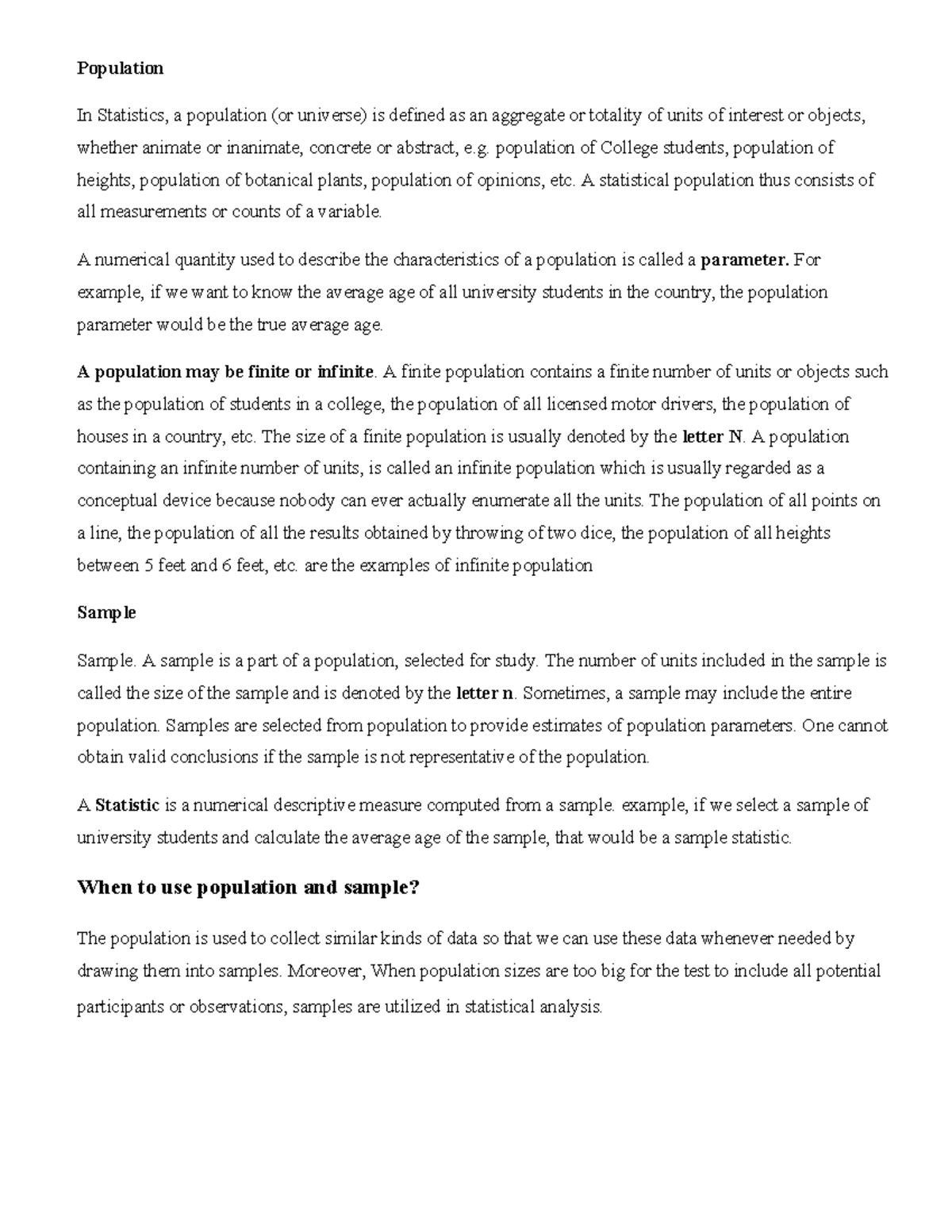 Statistic notes - Population In Statistics, a population (or universe ...