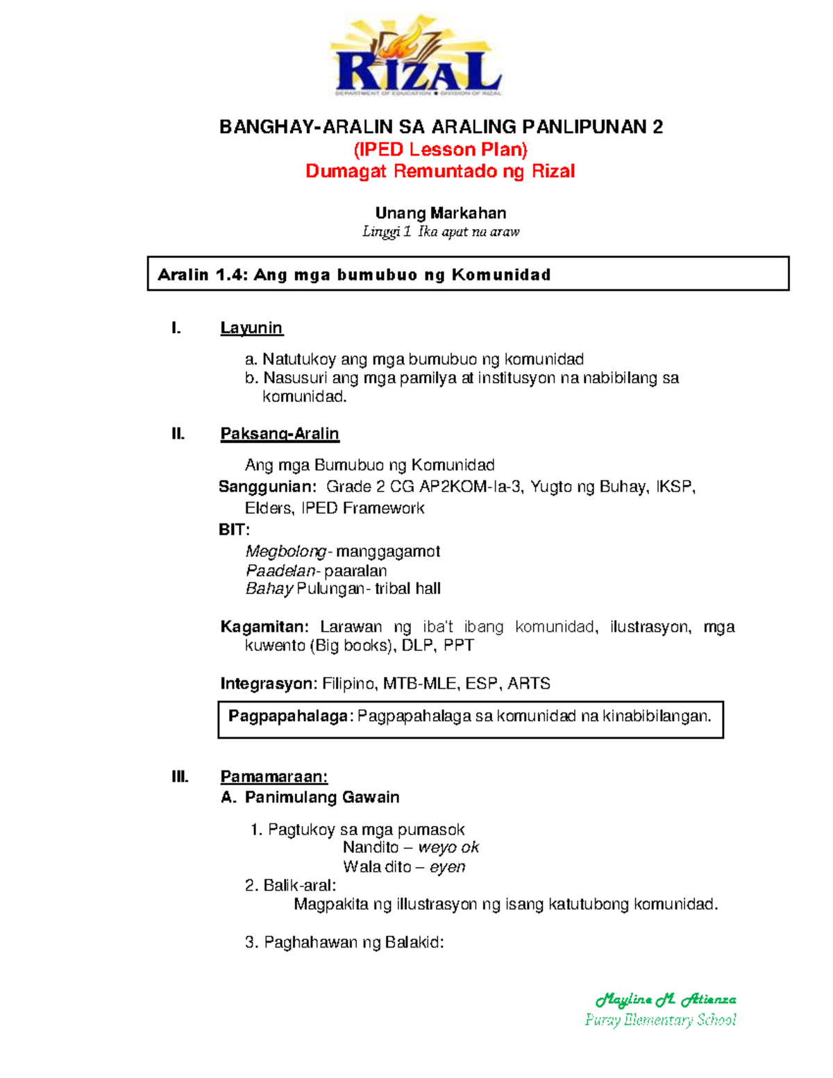 6 IPED AP 2 Lesson Plan Aralin 1 4 Ang Bumubuo Ng Komunidad BANGHAY 