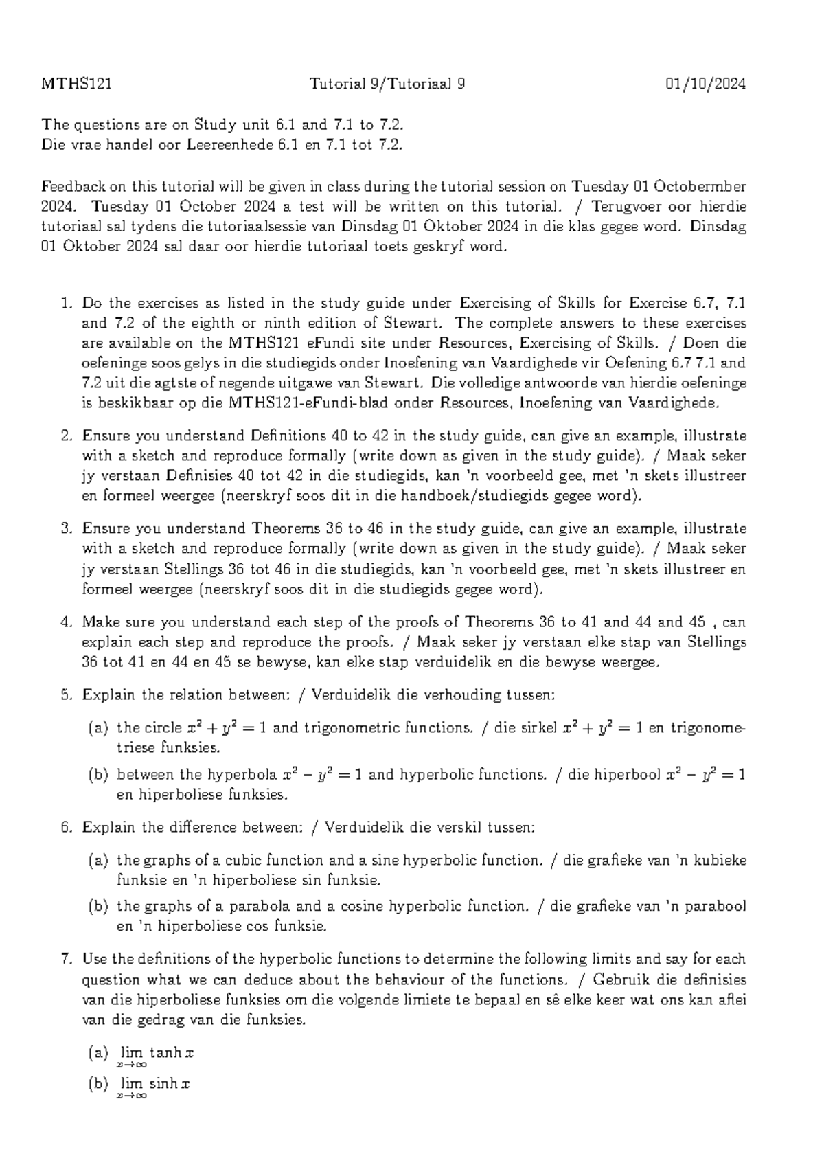 MTHS121 Tutorial 9 - Practice problems - MTHS121 Tutorial 9/Tutoriaal 9 ...