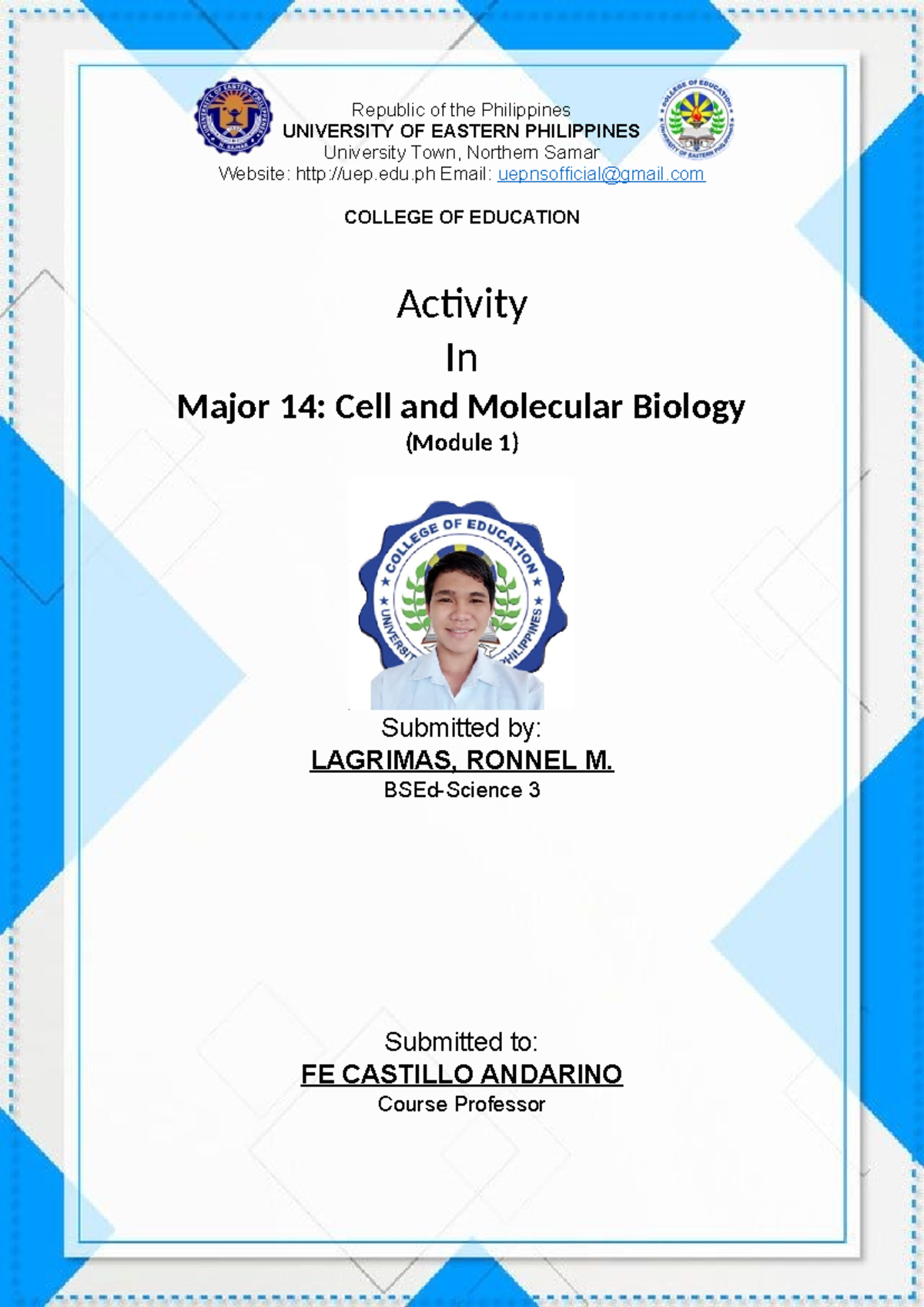 Activity Module 1 Biochemistry-Lagrimas, Ronnel - Republic of the Philippines UNIVERSITY OF ...