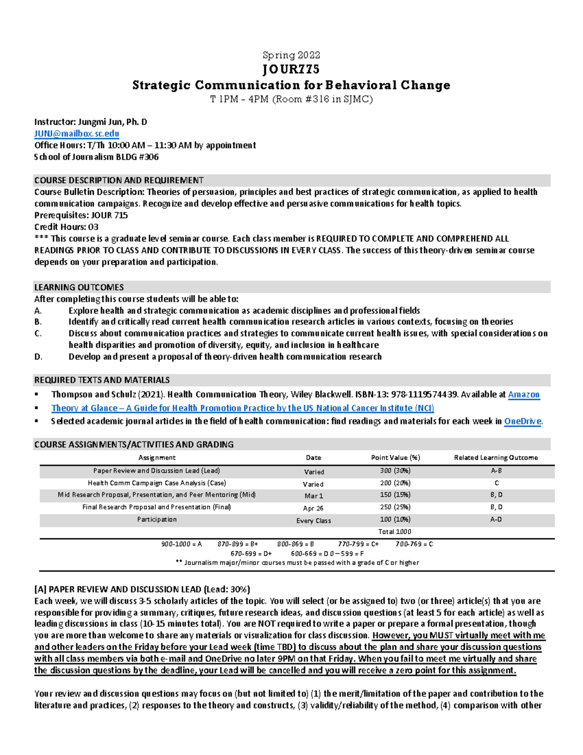 J775 Strat Comm for Health behavior Syllabus - Spring 2022 JOUR ...