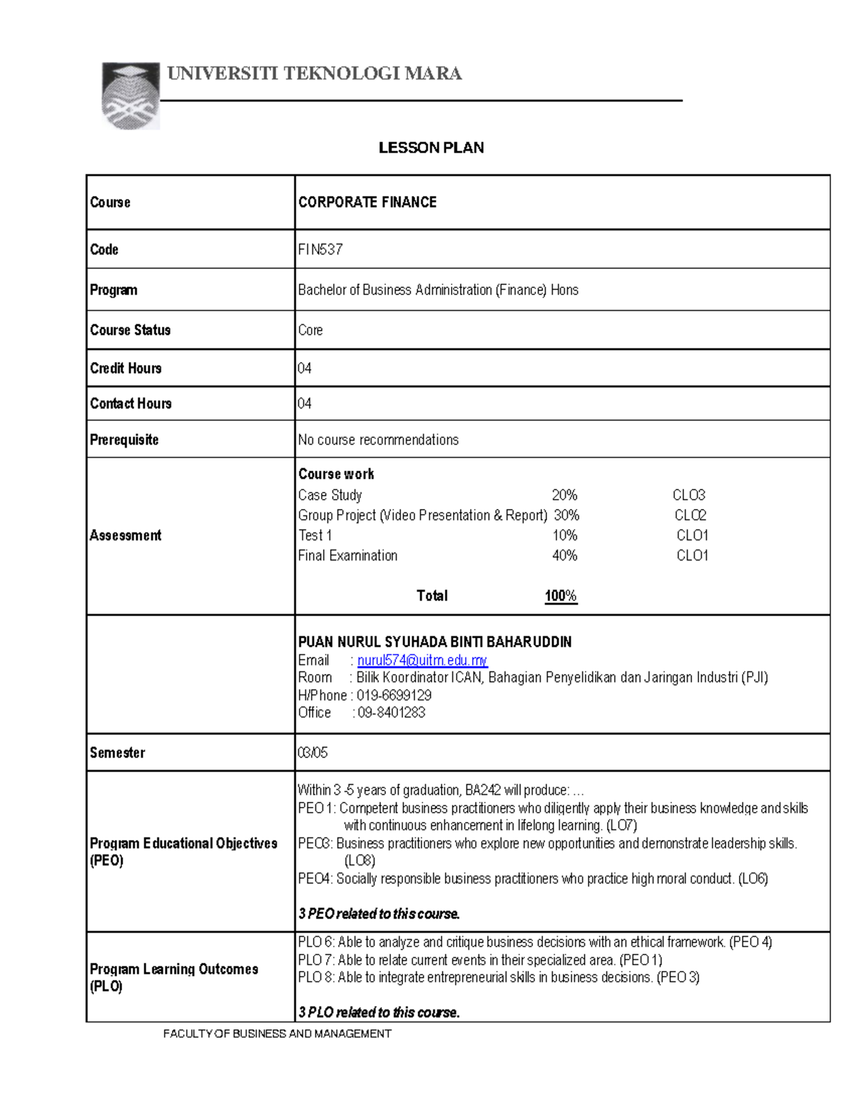 20242 FIN537 Lesson Plan - UNIVERSITI TEKNOLOGI MARA LESSON PLAN Course ...