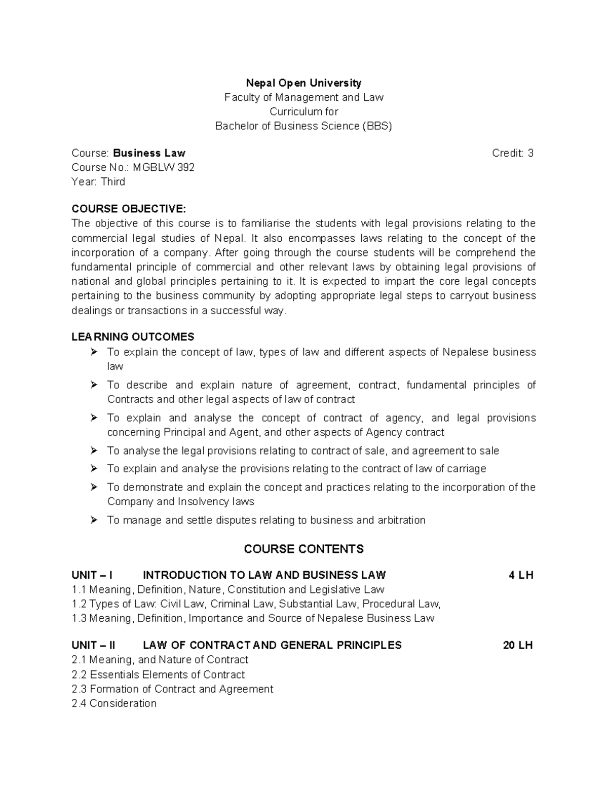 Course Structure of BBS - Nepal Open University Faculty of Management ...