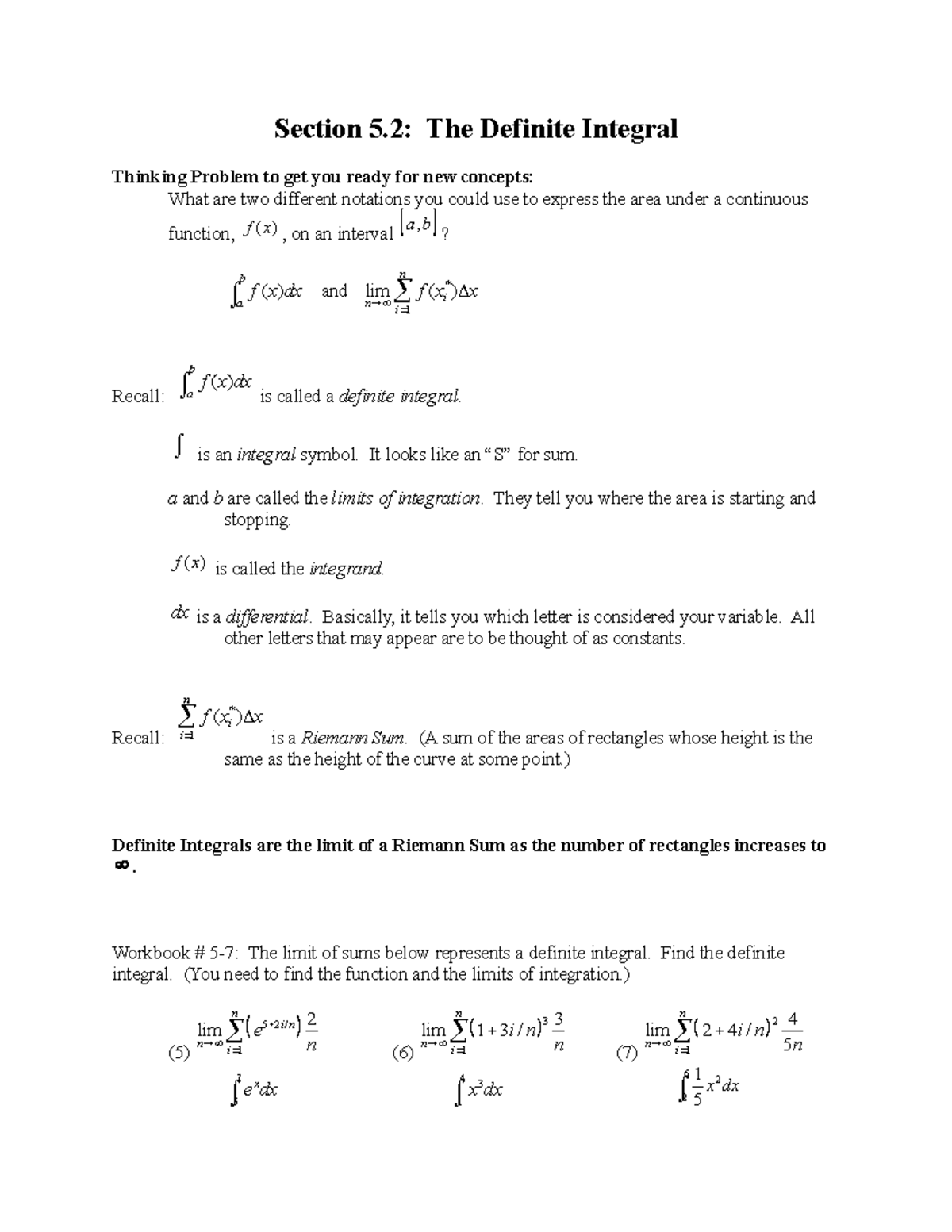 Section 5 - exam review - Section 5: The Definite Integral Thinking ...