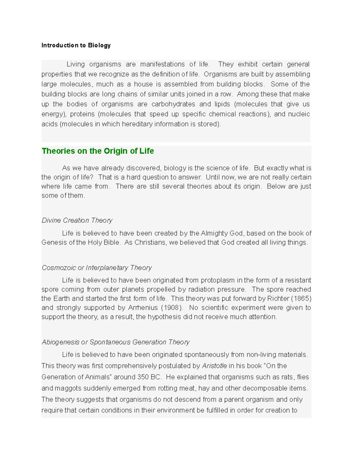 Introduction to Biology - Introduction to Biology Living organisms are ...