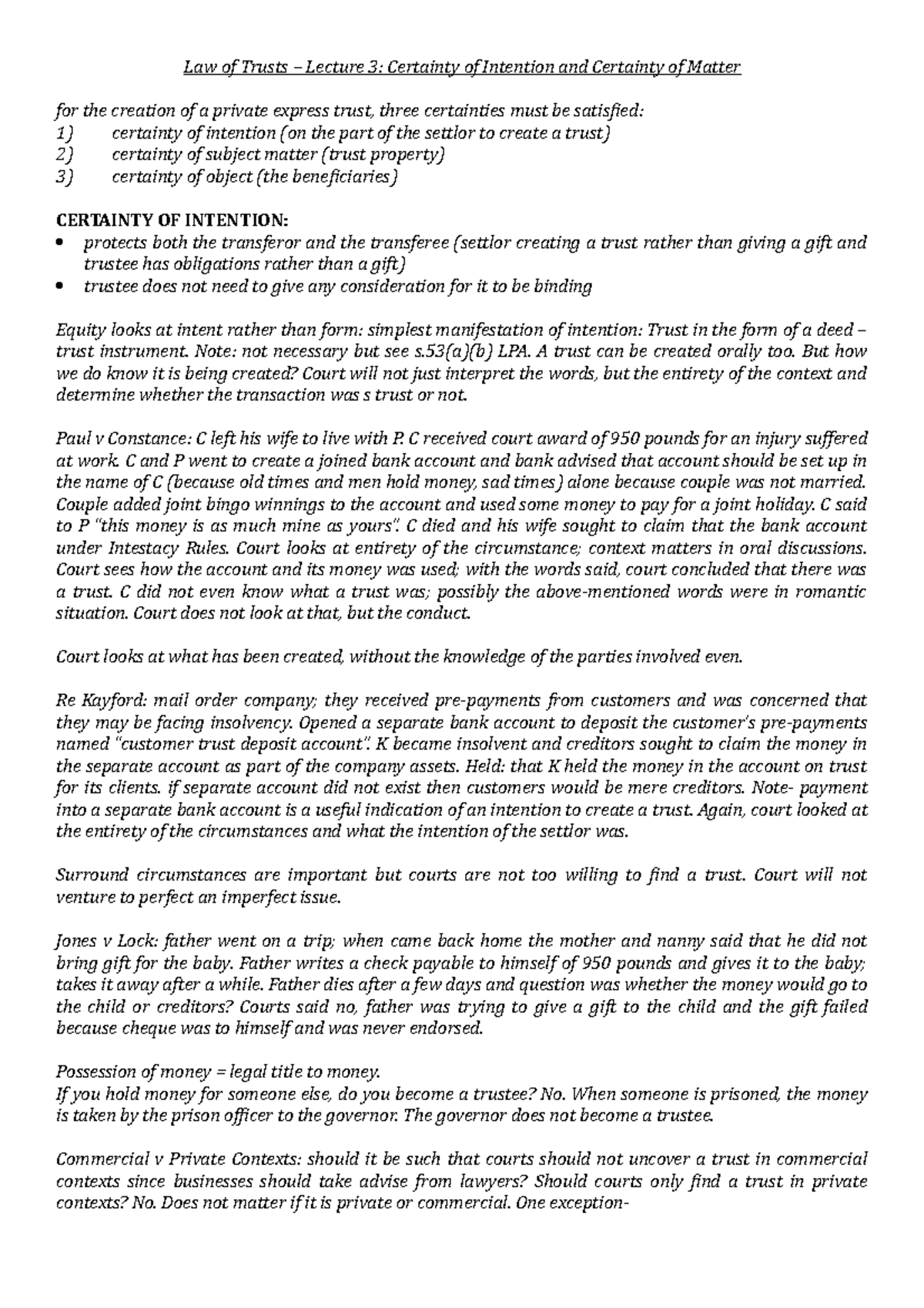 Lecture 3 - Law of Trusts – Lecture 3: Certainty of Intention and Certainty of Matter for the ...