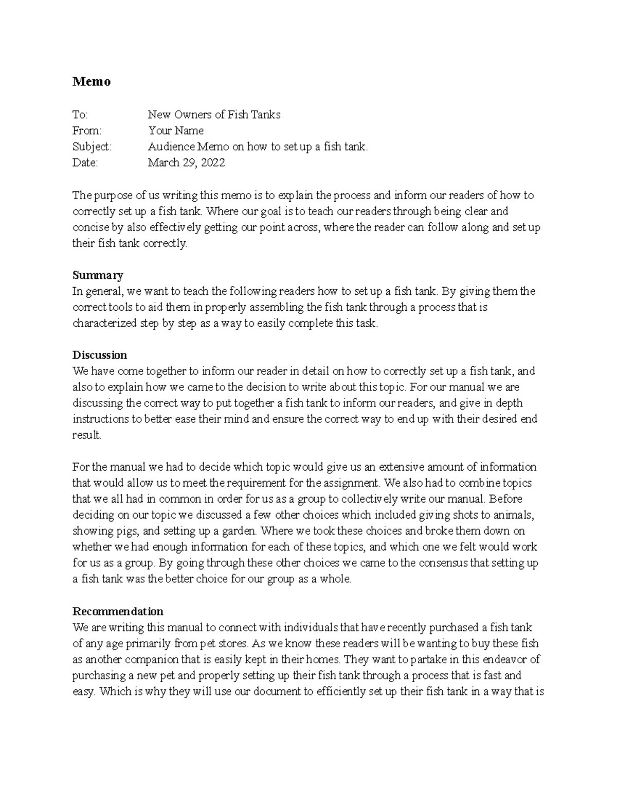 manual topic and audience memo - Memo To: New Owners of Fish Tanks From ...