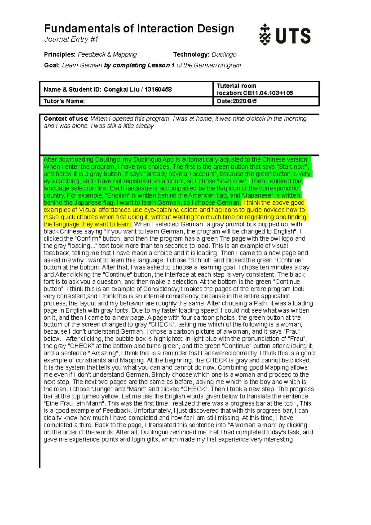Journal Entry 1 tut work from university of technology sydney ...