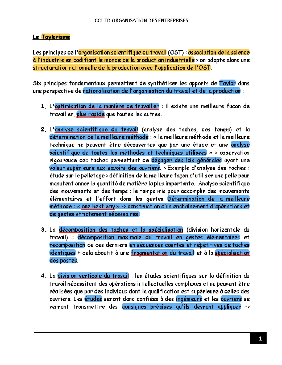 Premiers TD - revisions CC1 - Le Taylorisme Les principes de l ...