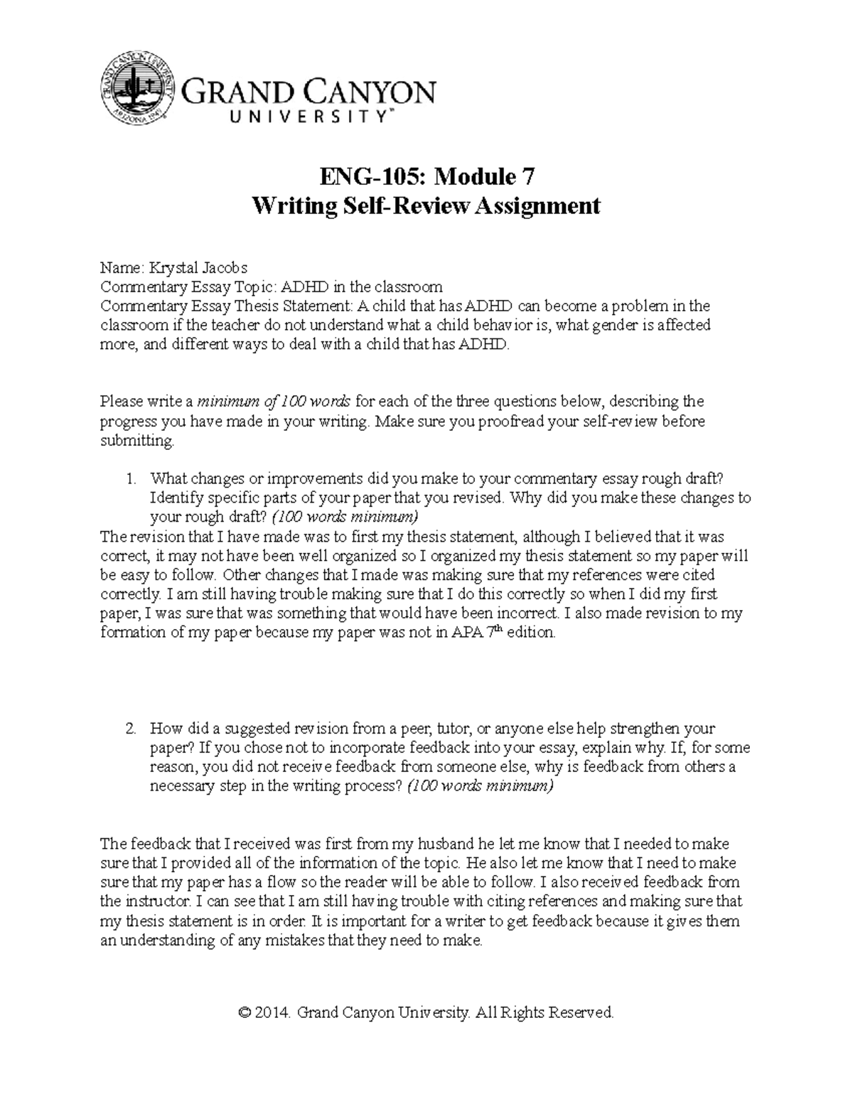 ENG105 Self Review Assignment - ENG-105: Module 7 Writing Self-Review ...