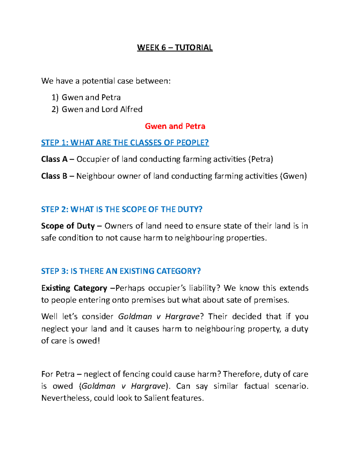 Tutorial Answer Week 6 - WEEK 6 – TUTORIAL We have a potential case between: Gwen and Petra Gwen ...