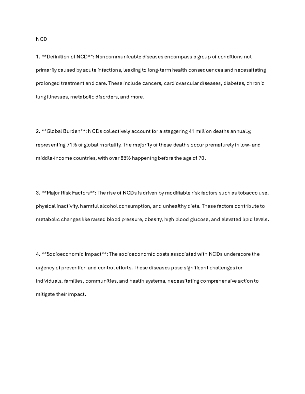 NCD - Summary Global health - NCD Definition of NCD: Noncommunicable ...