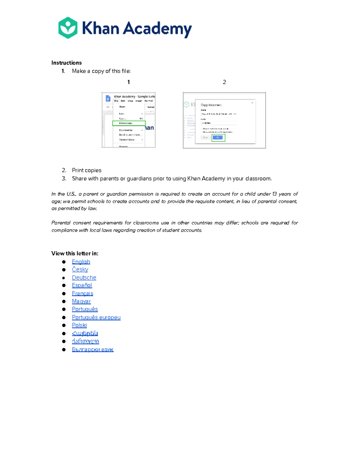 Khan Academy - Sample Letter To Parents - Instructions 1. Make a copy ...