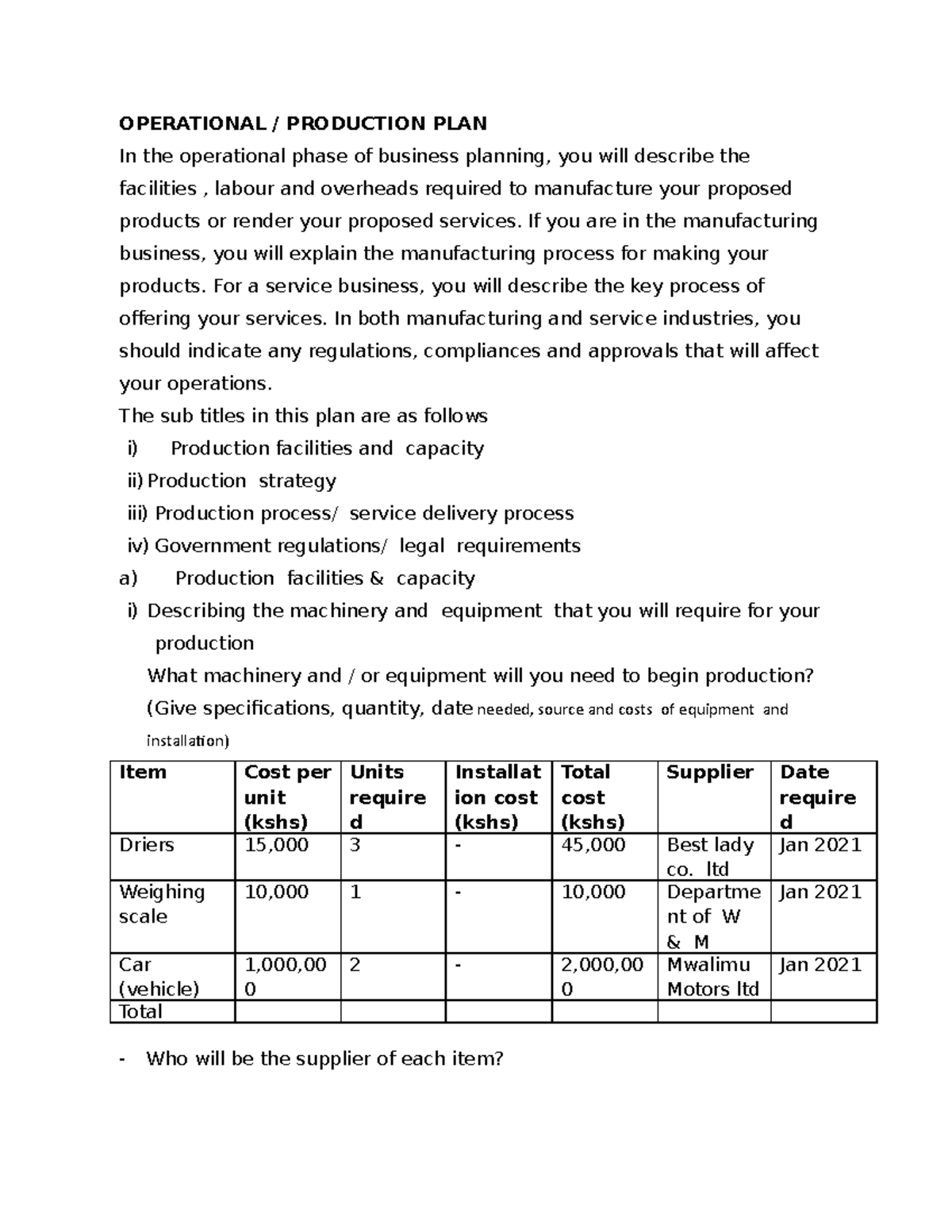 Operational - notes - OPERATIONAL / PRODUCTION PLAN In the operational ...