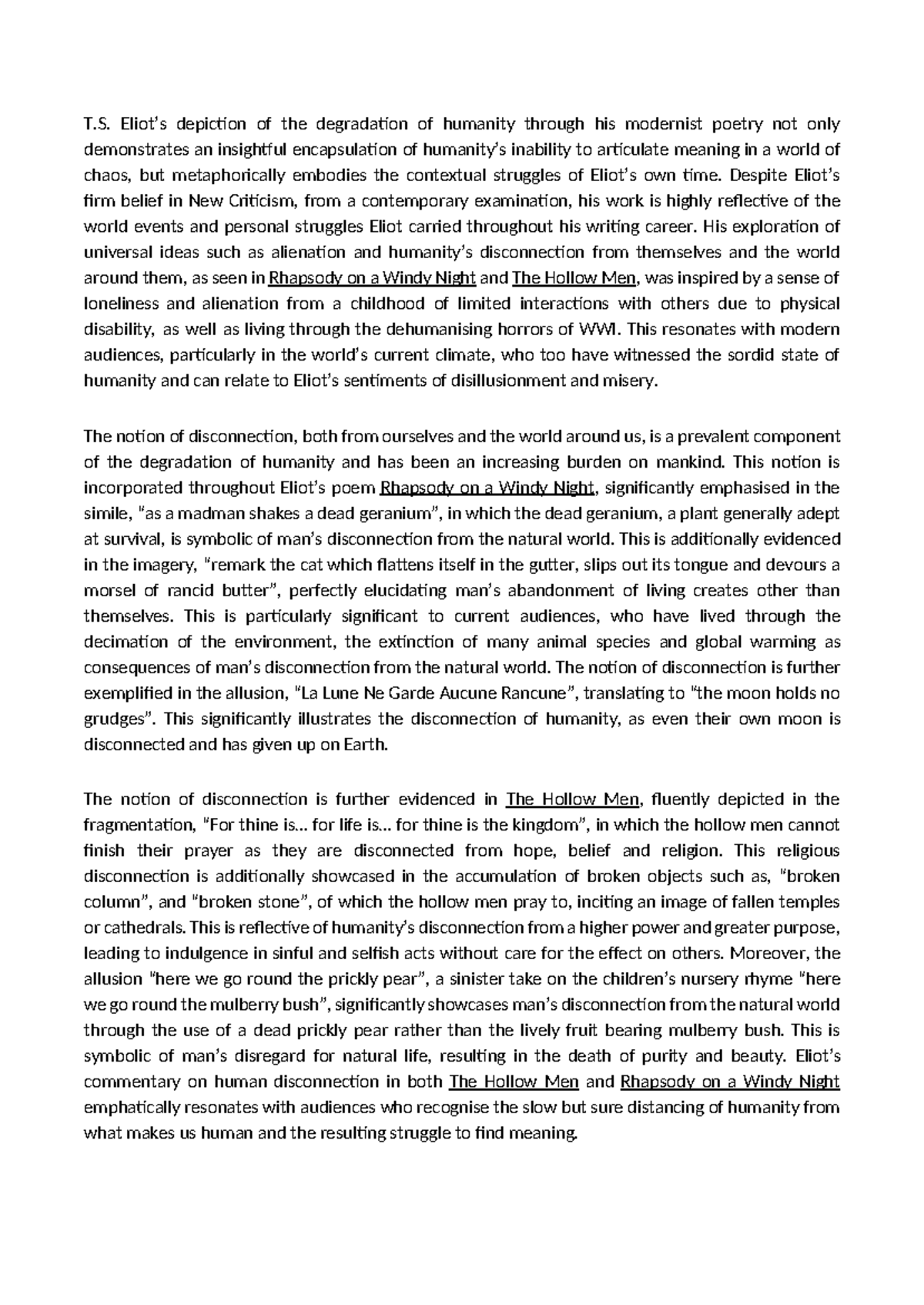 Essay On TS Elliot (Module B) - T. Eliot’s depiction of the degradation ...