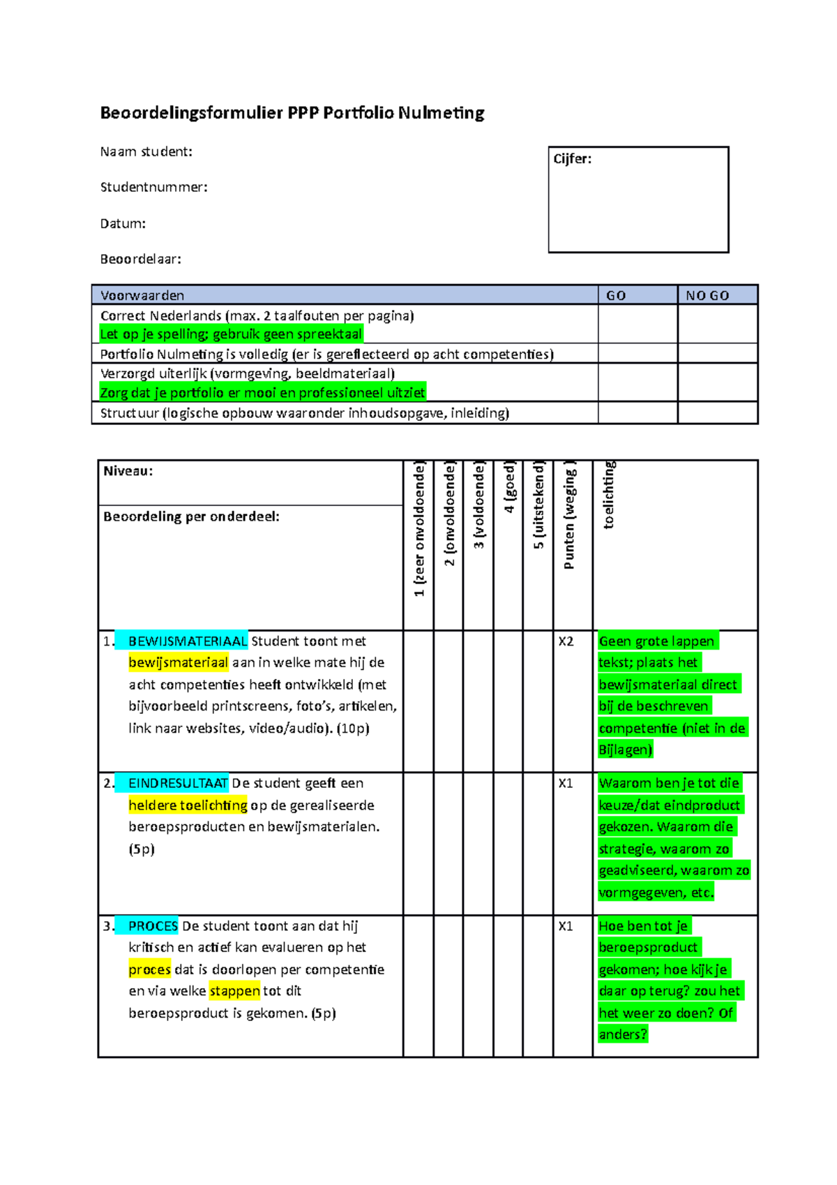 Beoordelingsformulier met toelichting en tips - Beoordelingsformulier PPP Portfolio Nulmeting ...