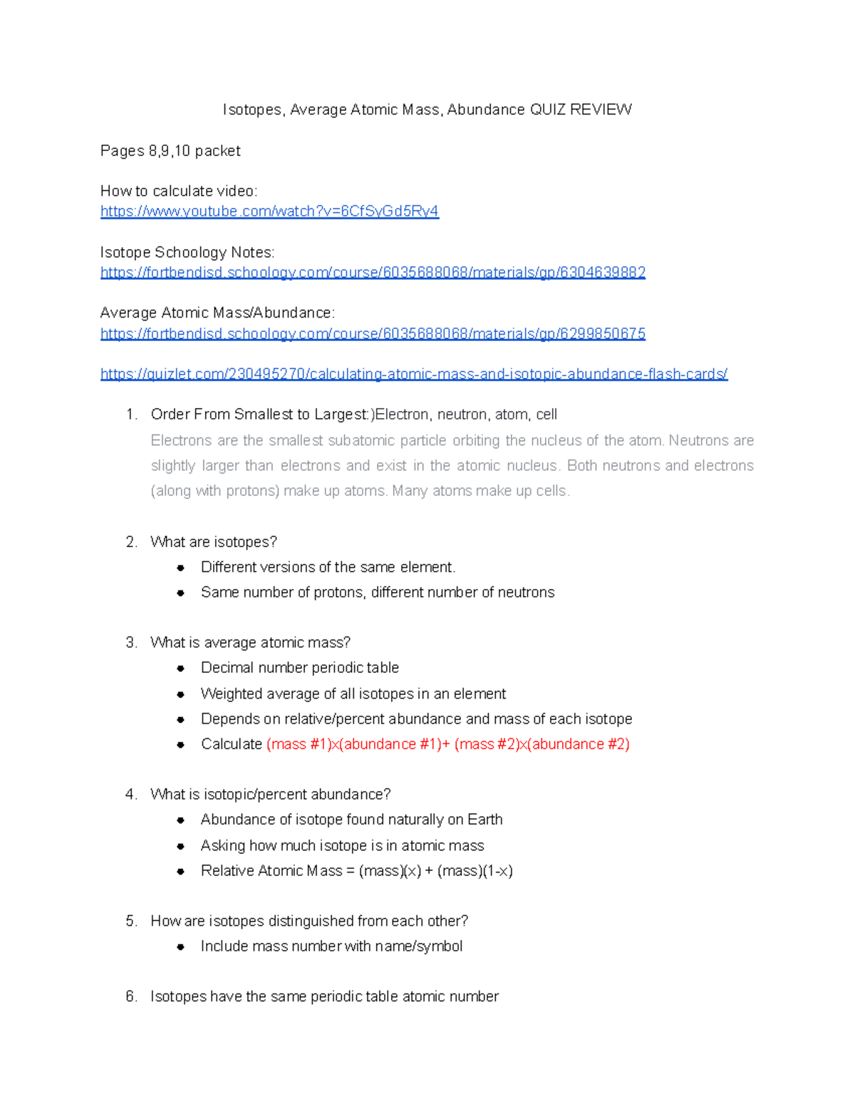 Isotopes, Average Atomic Mass, Abundance QUIZ Review - Isotopes ...