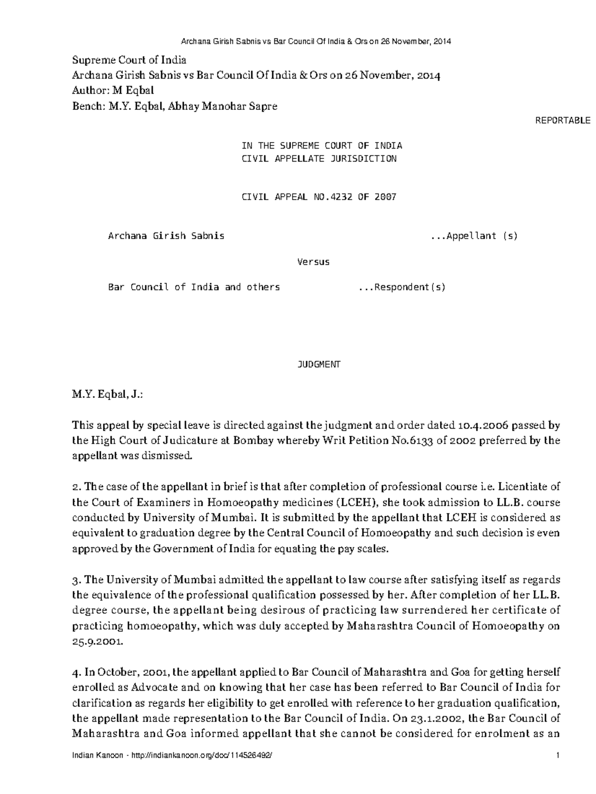 Archana Girish Sabnis vs Bar Council Of India Ors on 26 November 2014 ...