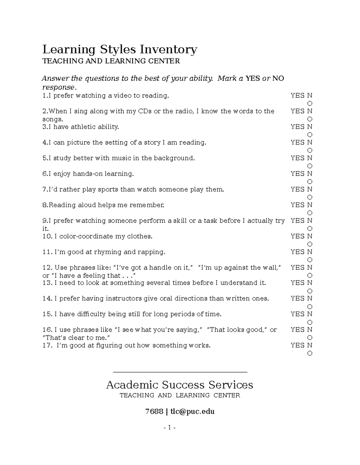 Activity Learning Styles (study skill) - Learning Styles Inventory ...