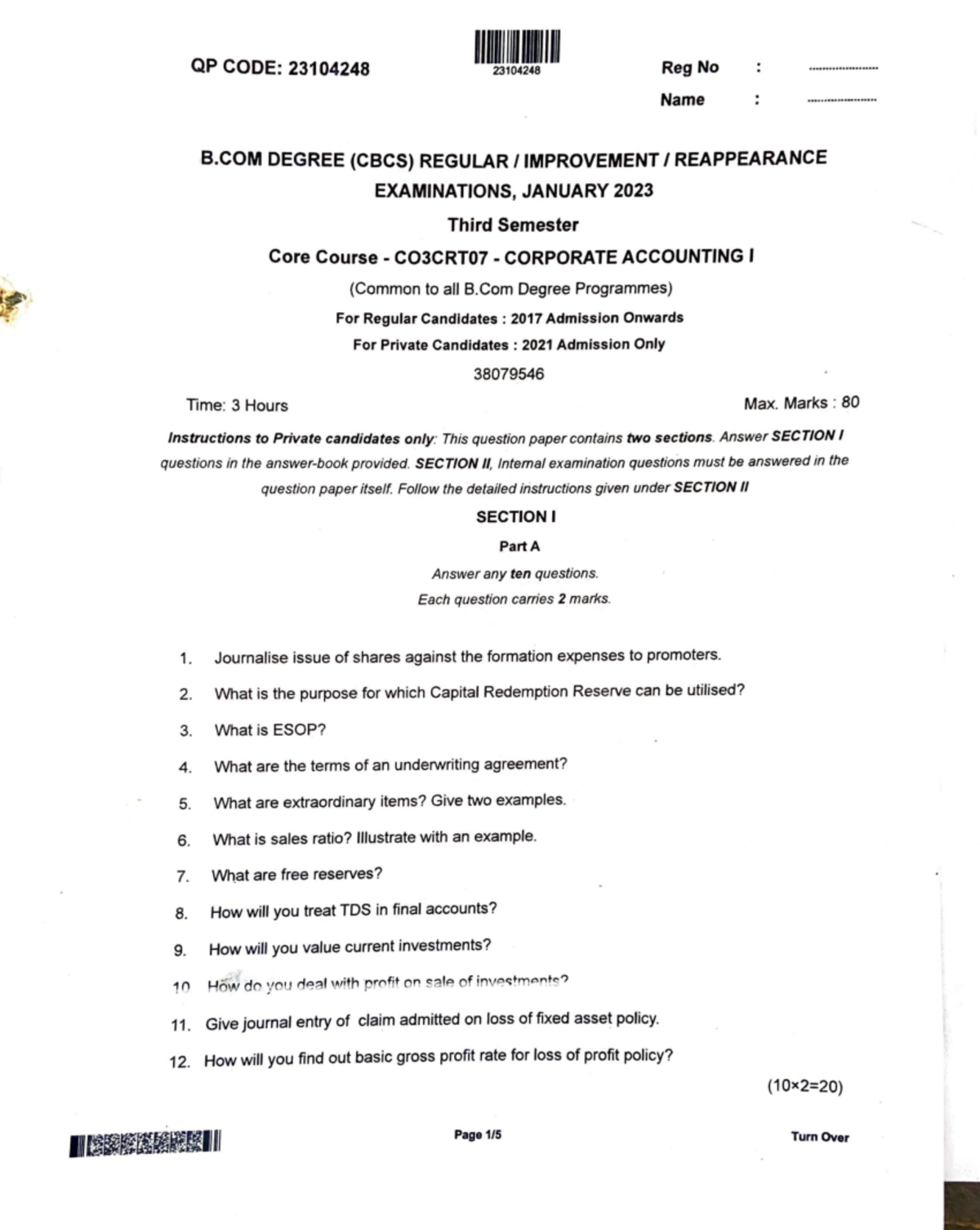 CA -1 2023 QP with answer key - QP CODE: 23104248 II IIIIIIIIIIII IIII 23104248 Reg No Name B ...