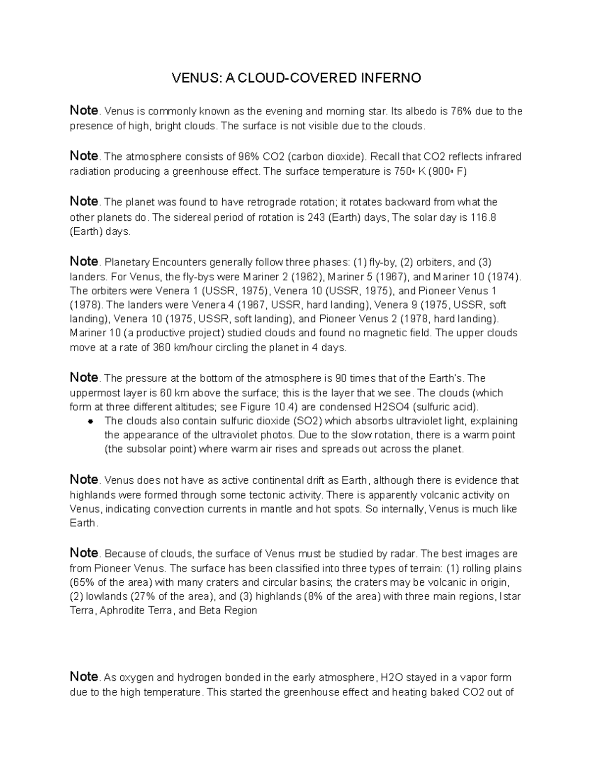 Astronomy Chapter 10 Notes Venus A Cloud-Covered Inferno - VENUS: A ...