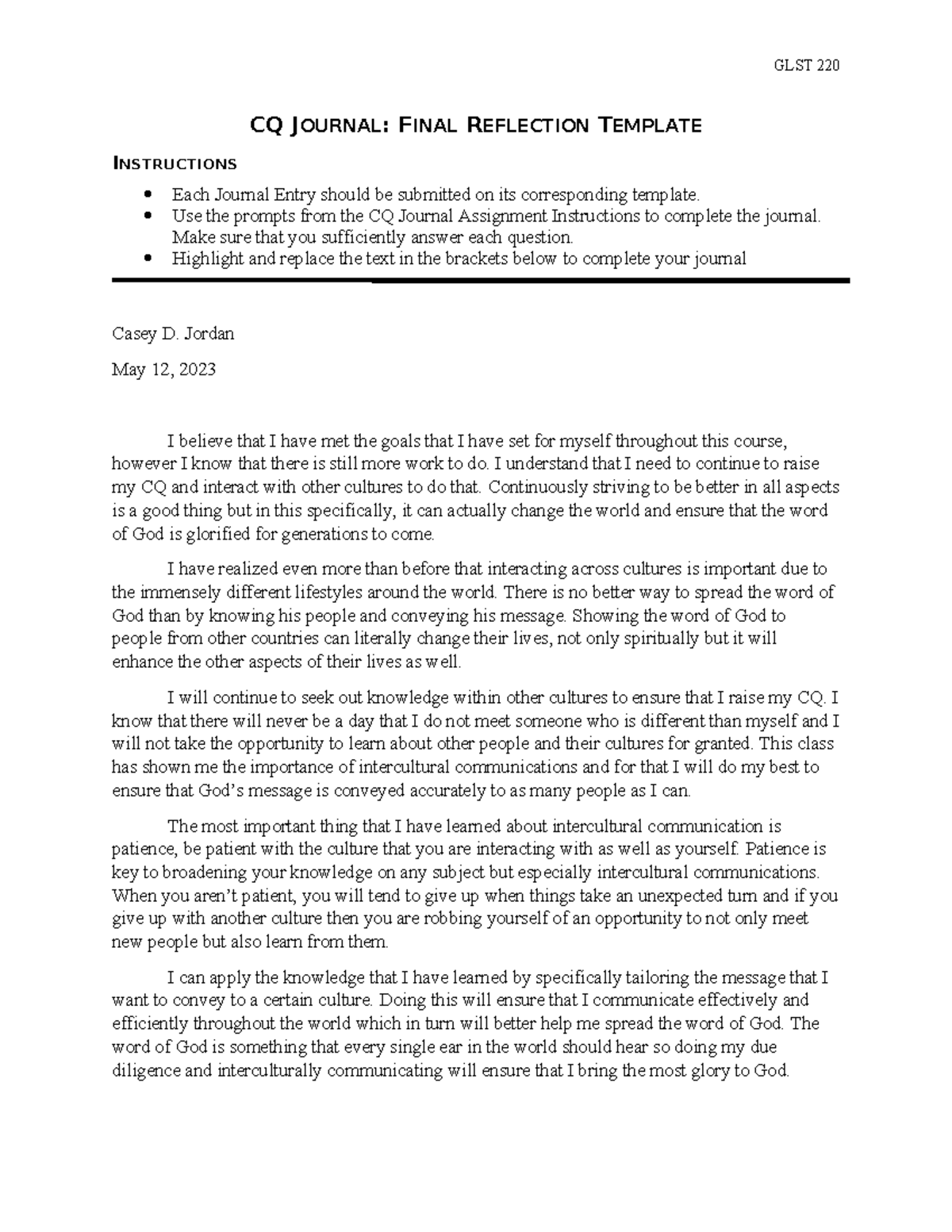CQ Journal Final Reflection - GLST 220 CQ JOURNAL: FINAL REFLECTION ...