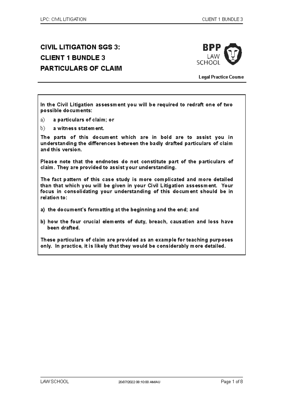 Civil Litigation SGS 3 Client 1 Bundle 3 Particulars of Claim - CIVIL LITIGATION SGS 3: CLIENT 1 ...