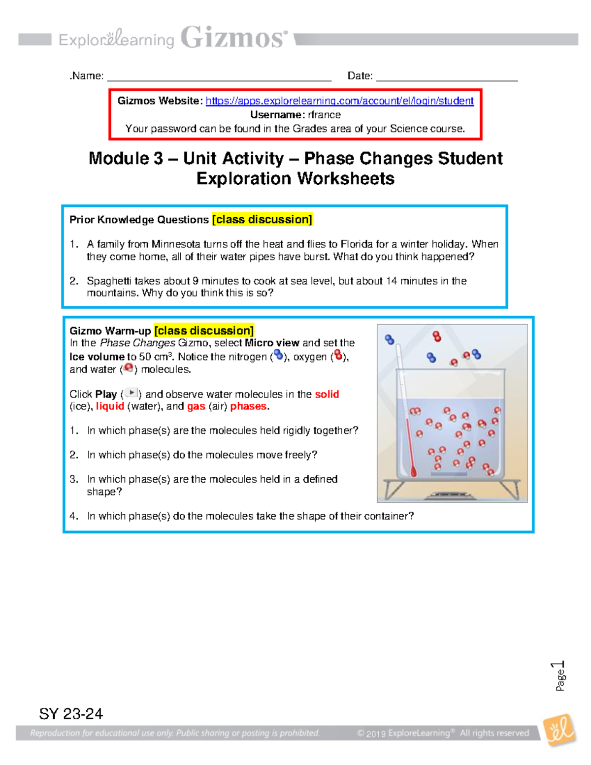 Module 3 - Unit Activity - Phase Changes Gizmo Student Exploration Worksheets 1 - Page 1 SY 23 ...