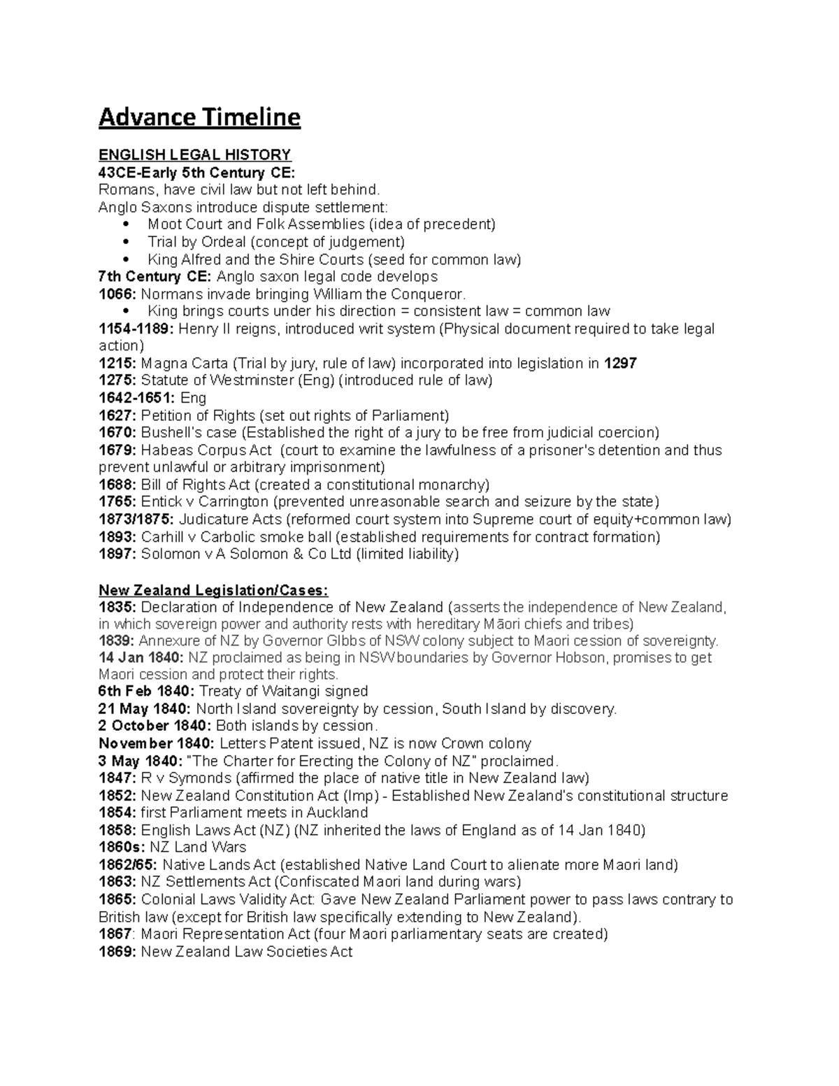 Advance Timeline LAWS 121 - Advance Timeline ENGLISH LEGAL HISTORY 43CE ...