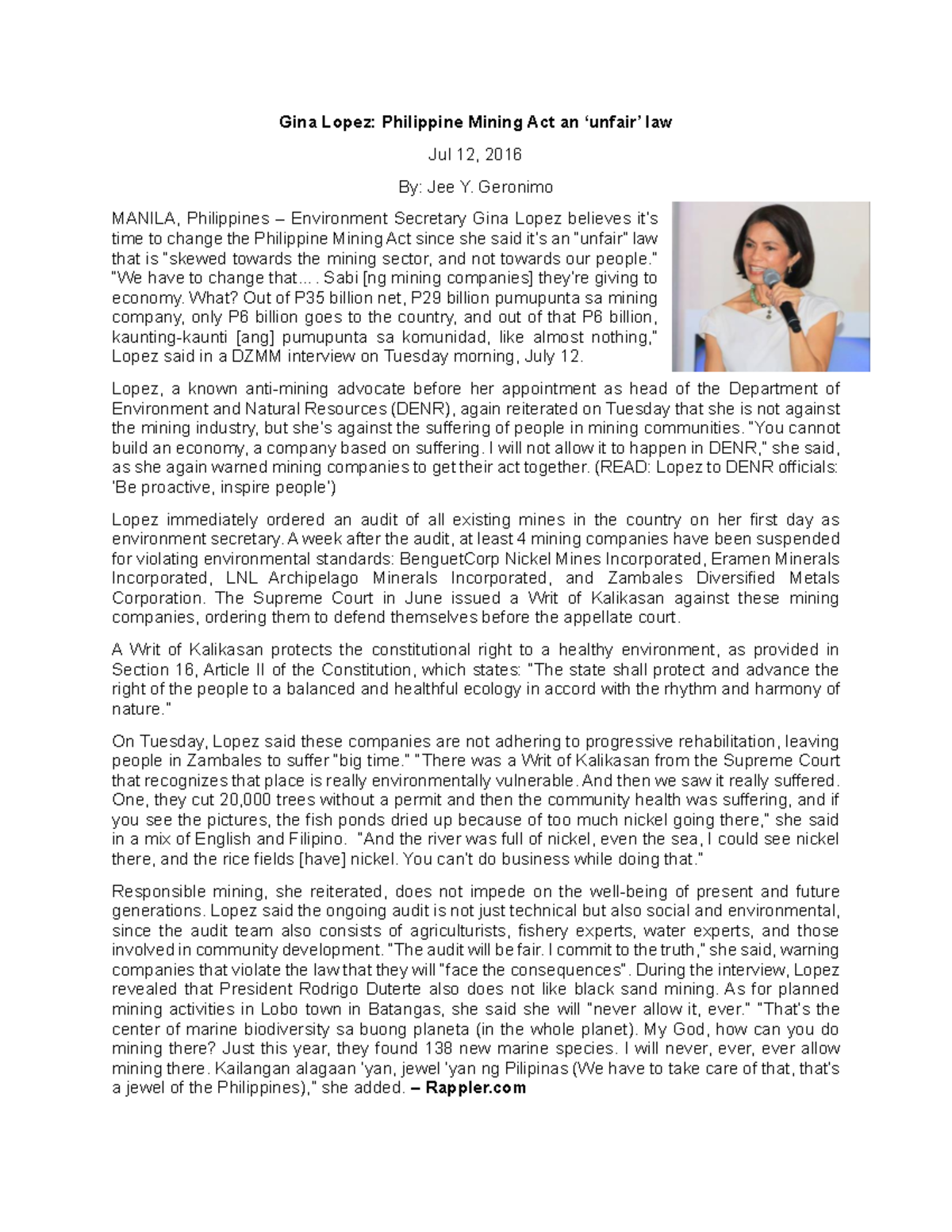 Gina Lopez - Geronimo MANILA, Philippines – Environment Secretary Gina ...