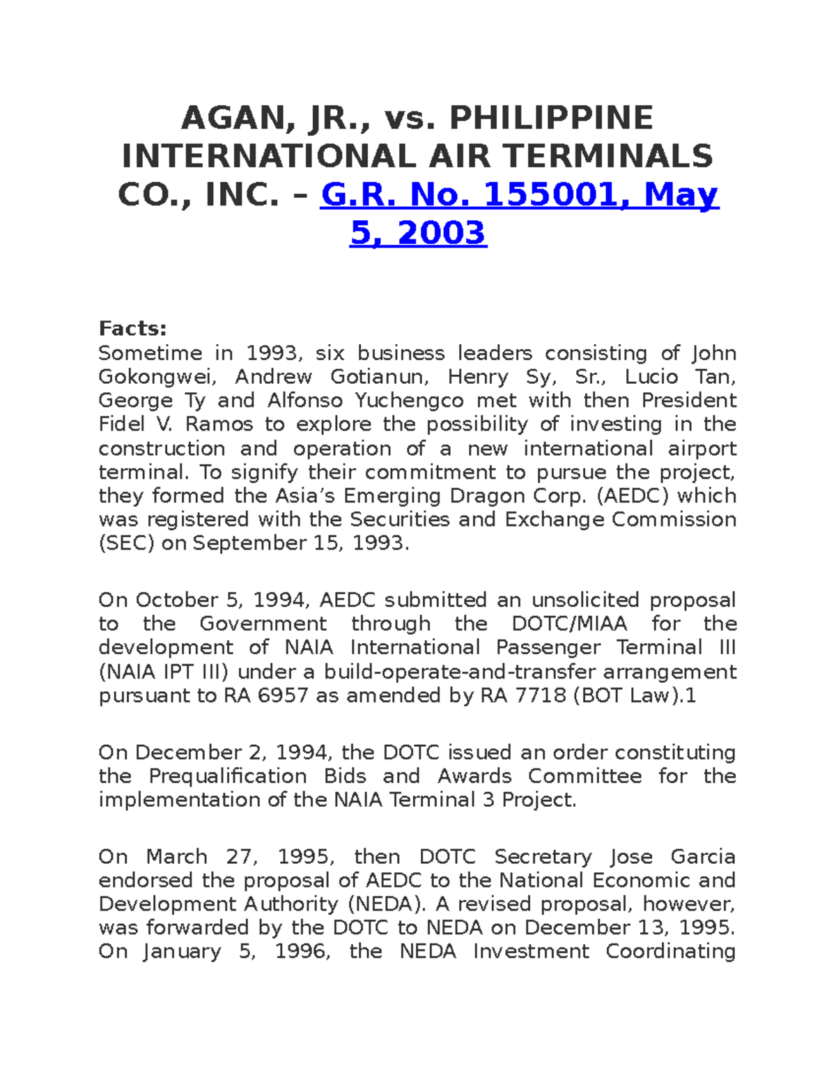 AGAN - Case digest - AGAN, JR., vs. PHILIPPINE INTERNATIONAL AIR ...