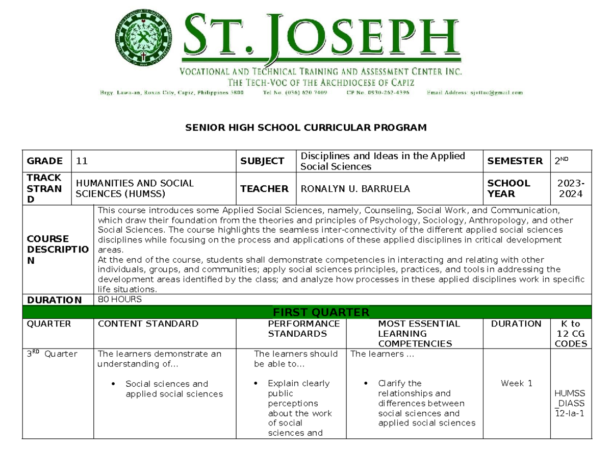 Diass 12 Curricular Program - SENIOR HIGH SCHOOL CURRICULAR PROGRAM ...