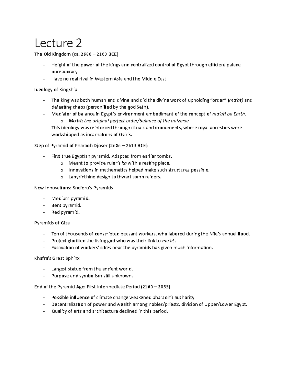 Lecture 2 - Lecture 2 The Old Kingdom (ca. 2686 – 2160 BCE) Height of ...