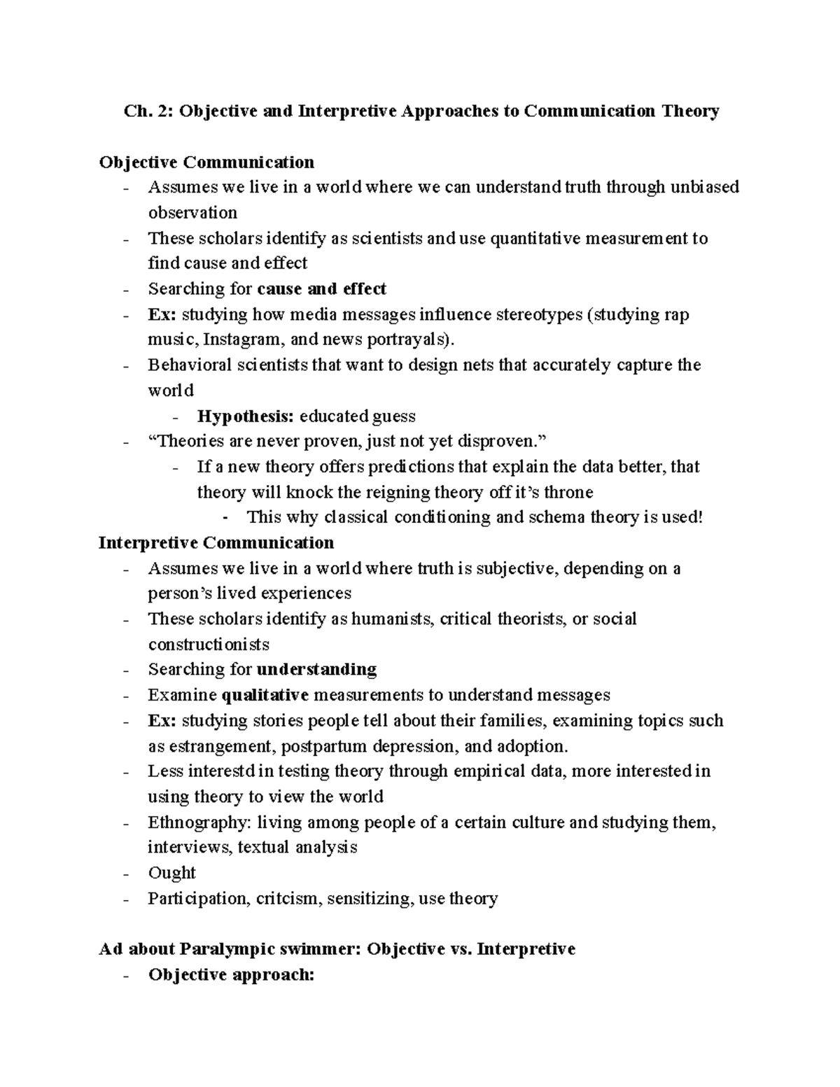 Chapter 2 Notes - Ch. 2: Objective and Interpretive Approaches to ...