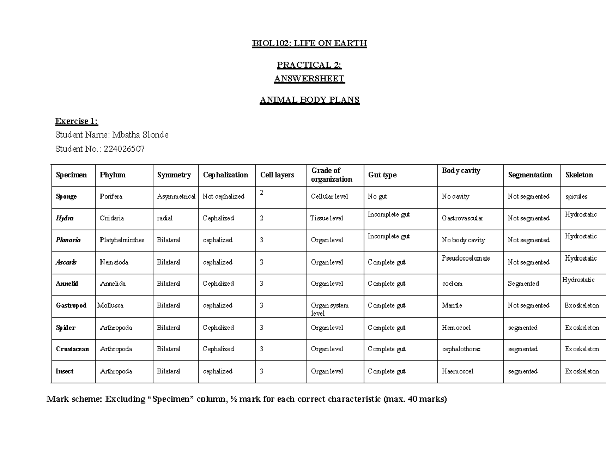 Practical 2 Answer Sheet - BIOL102: LIFE ON EARTH PRACTICAL 2 ...