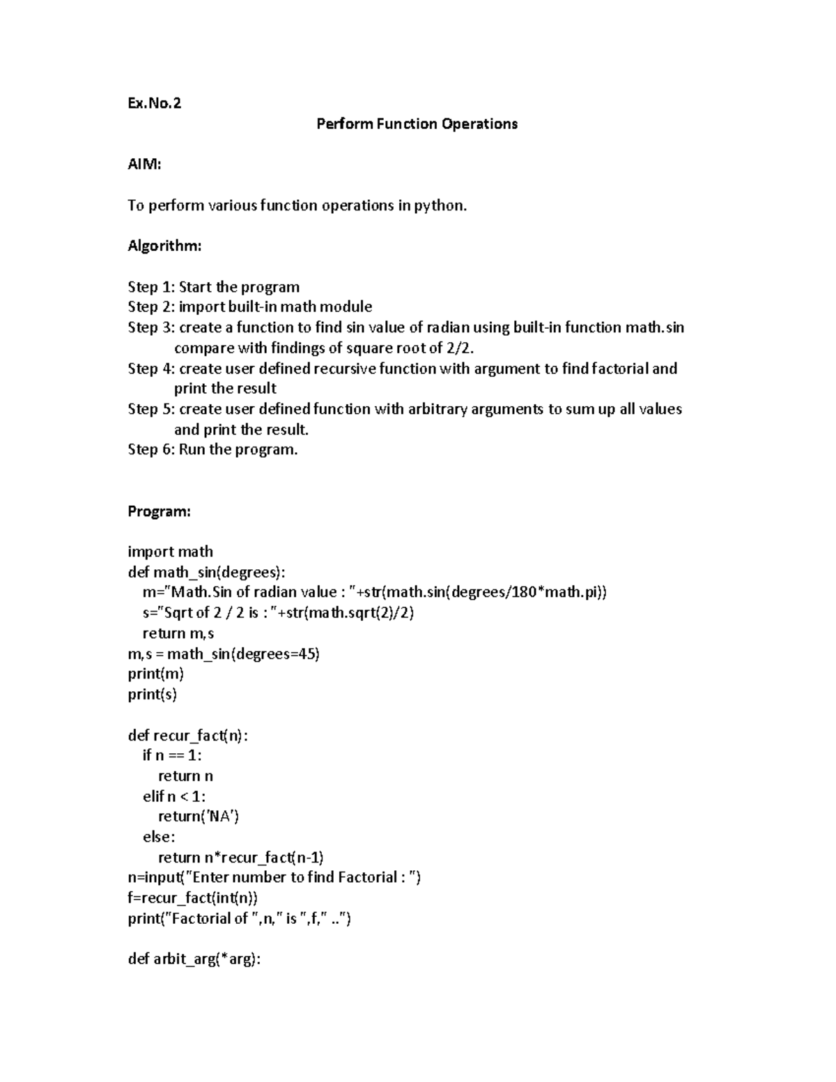 Py-2 - Yef - Ex. Perform Function Operations AIM: To perform various ...