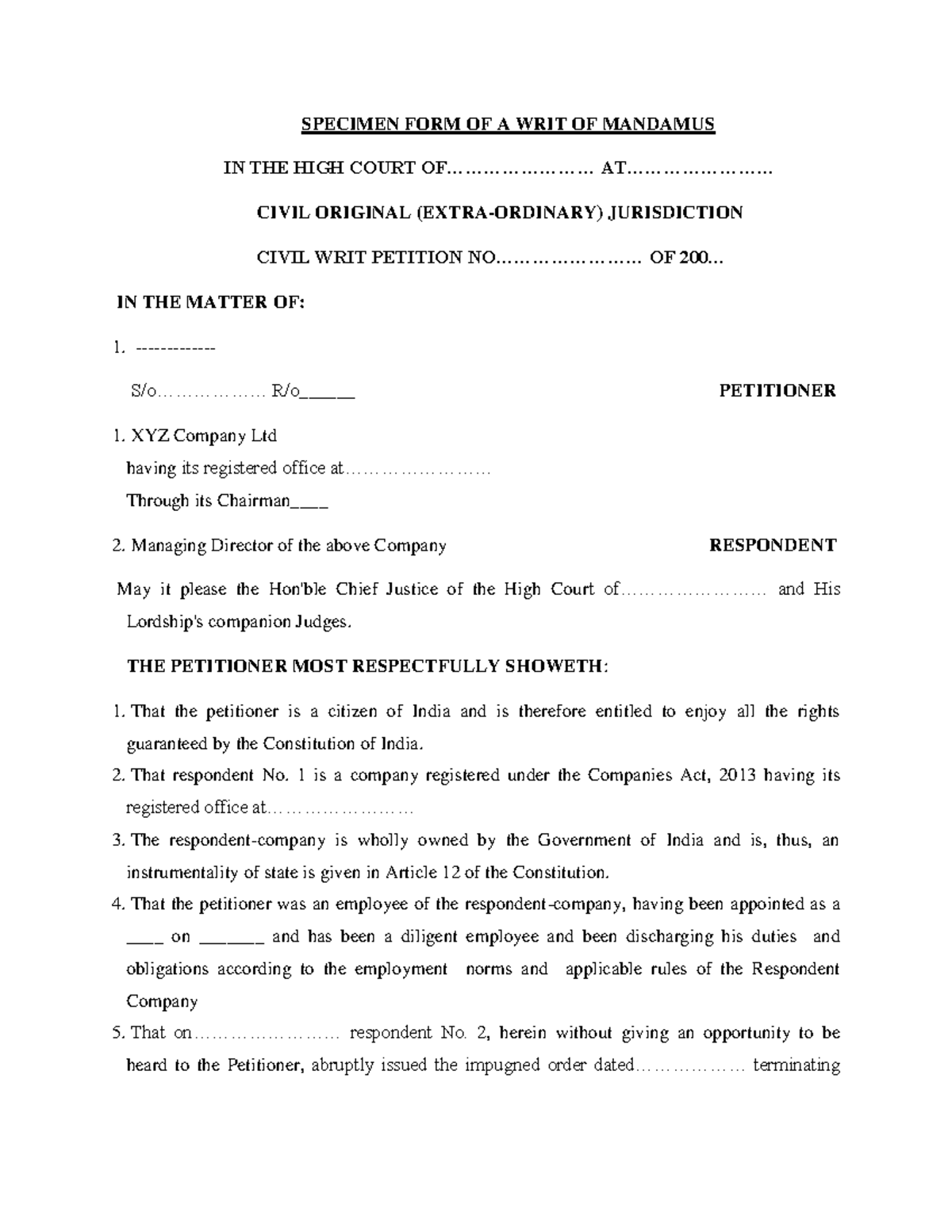 Writ-of-mandamus - Mandamus - SPECIMEN FORM OF A WRIT OF MANDAMUS IN ...
