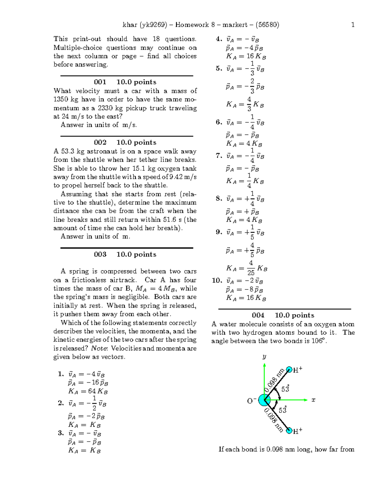Phy 301 Hw 8 Problems 18 Problem Questions On Momentum System Of