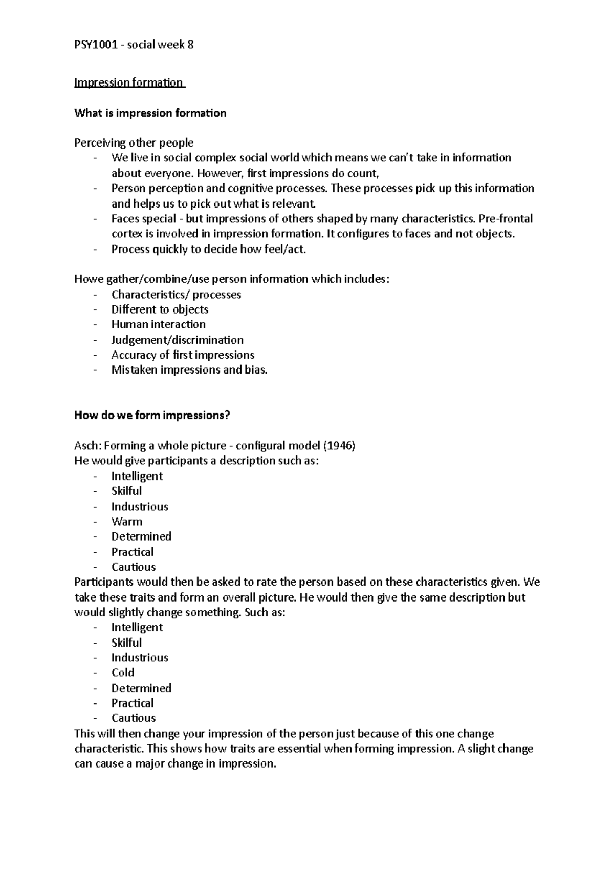 Impression formation week 8 - PSY1001 - social week 8 Impression ...